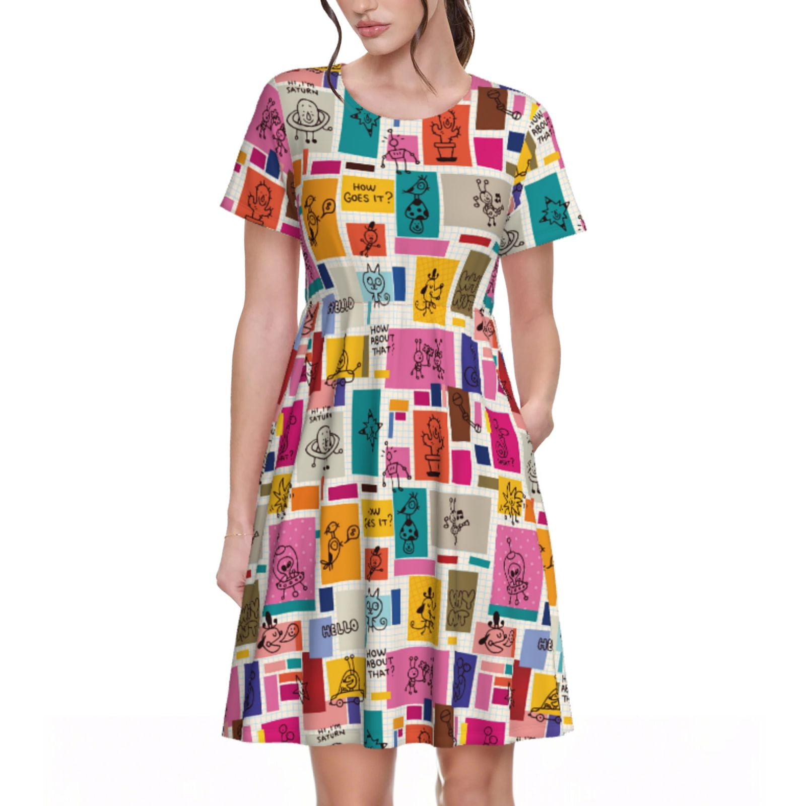 Cauagu Cute Doodles Print Summer Dresses for Women 2025 Loose Short ...