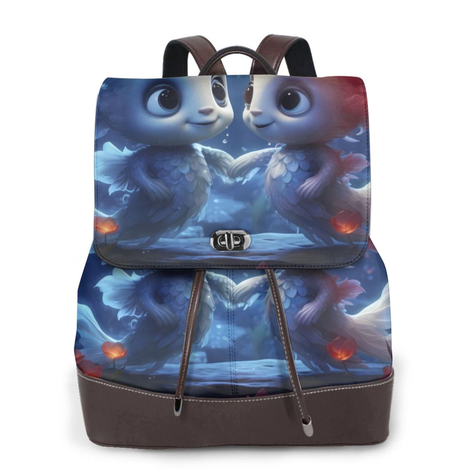 Cauagu Cute Fish Flower Couple Print Women's PU Leather Backpack ...