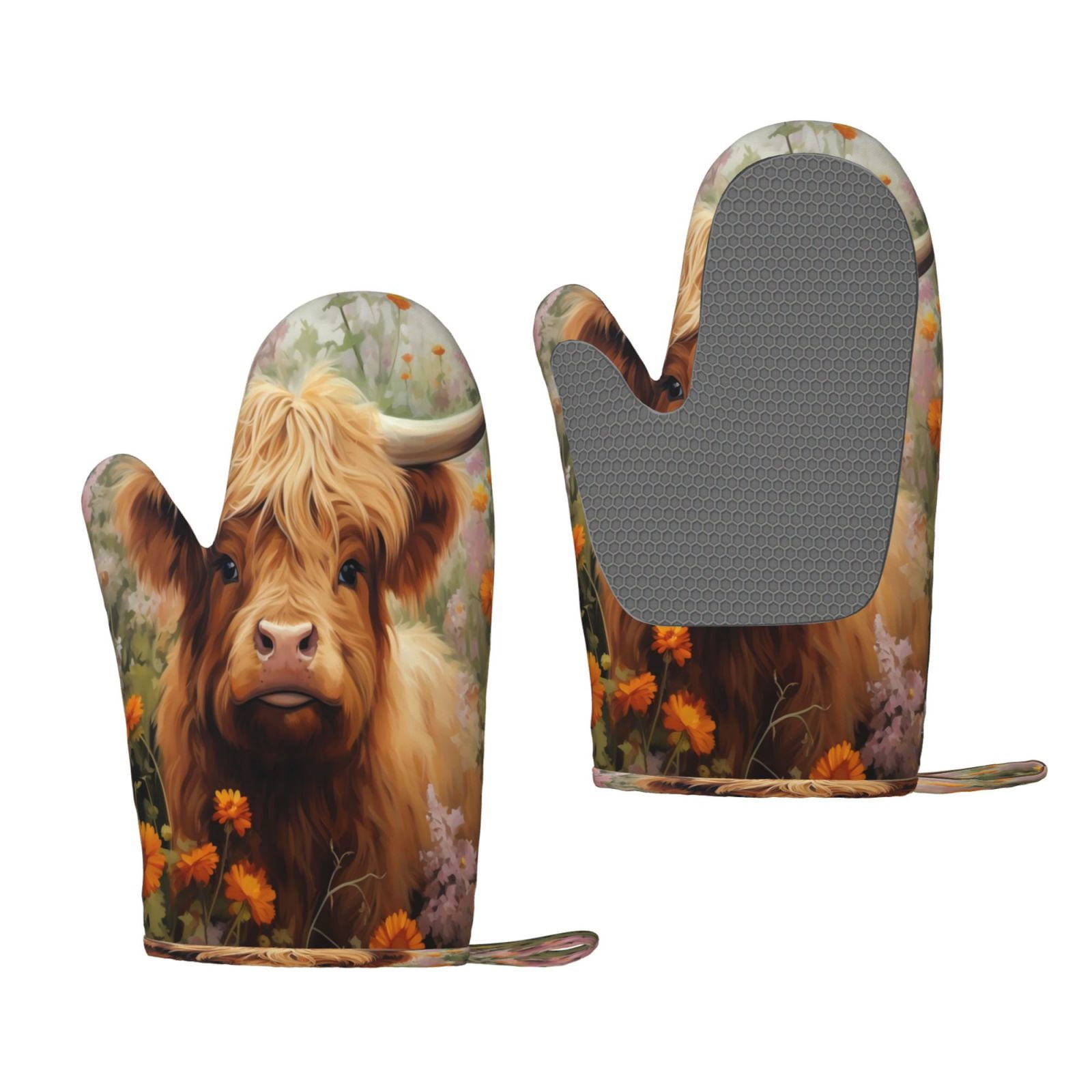 Cauagu Cute Floral Cow Print Oven Mitts 2 Piece Set,BBQ Gloves Grilling ...
