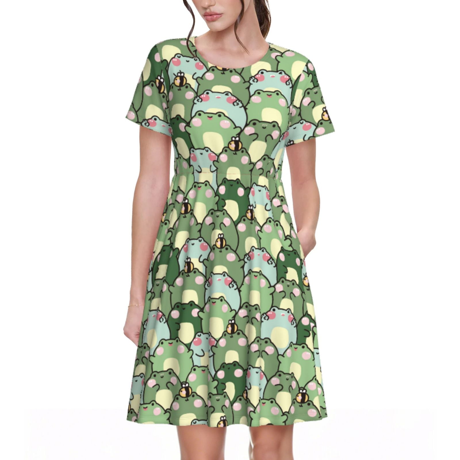 Cauagu Cute Frog Print Summer Dresses for Women 2025 Loose Short Sleeve ...