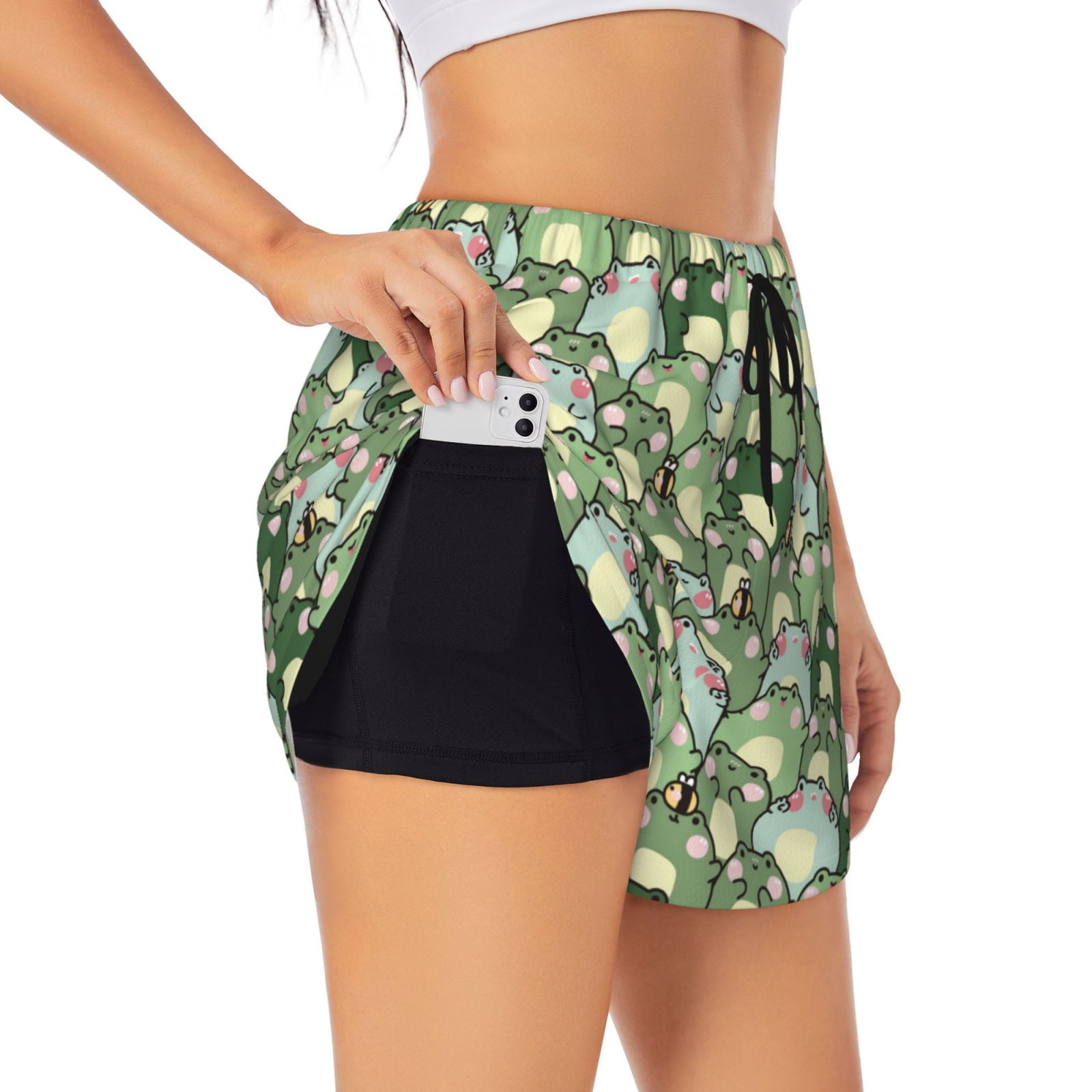 Cauagu Cute Frog Print Women's 2 in 1 Running Shorts Athletic Workout ...