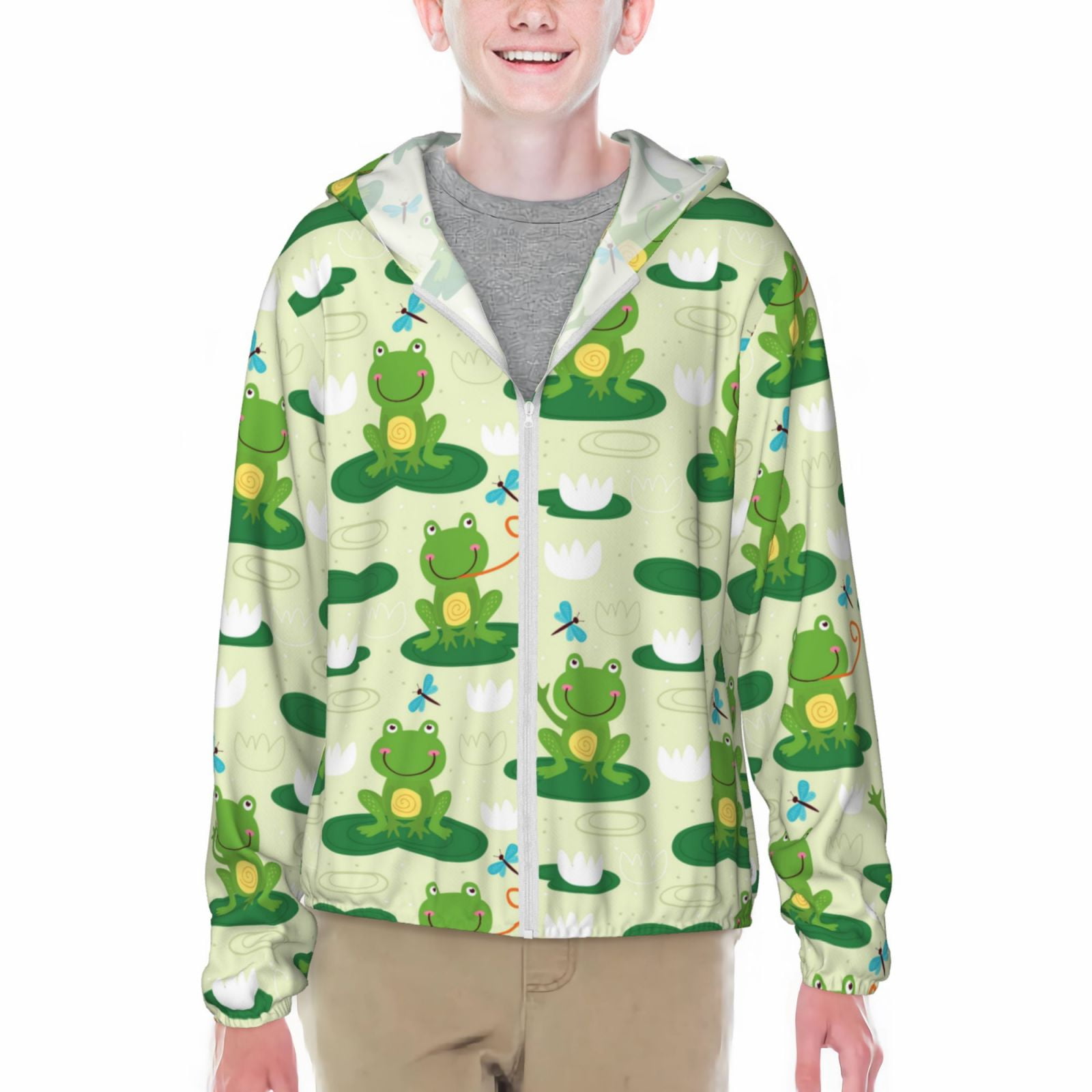 Cauagu Cute Frog1 Print Sun Protection Jacket for Teen,Full-Zipper Long Sleeve Sun Shirts with ...