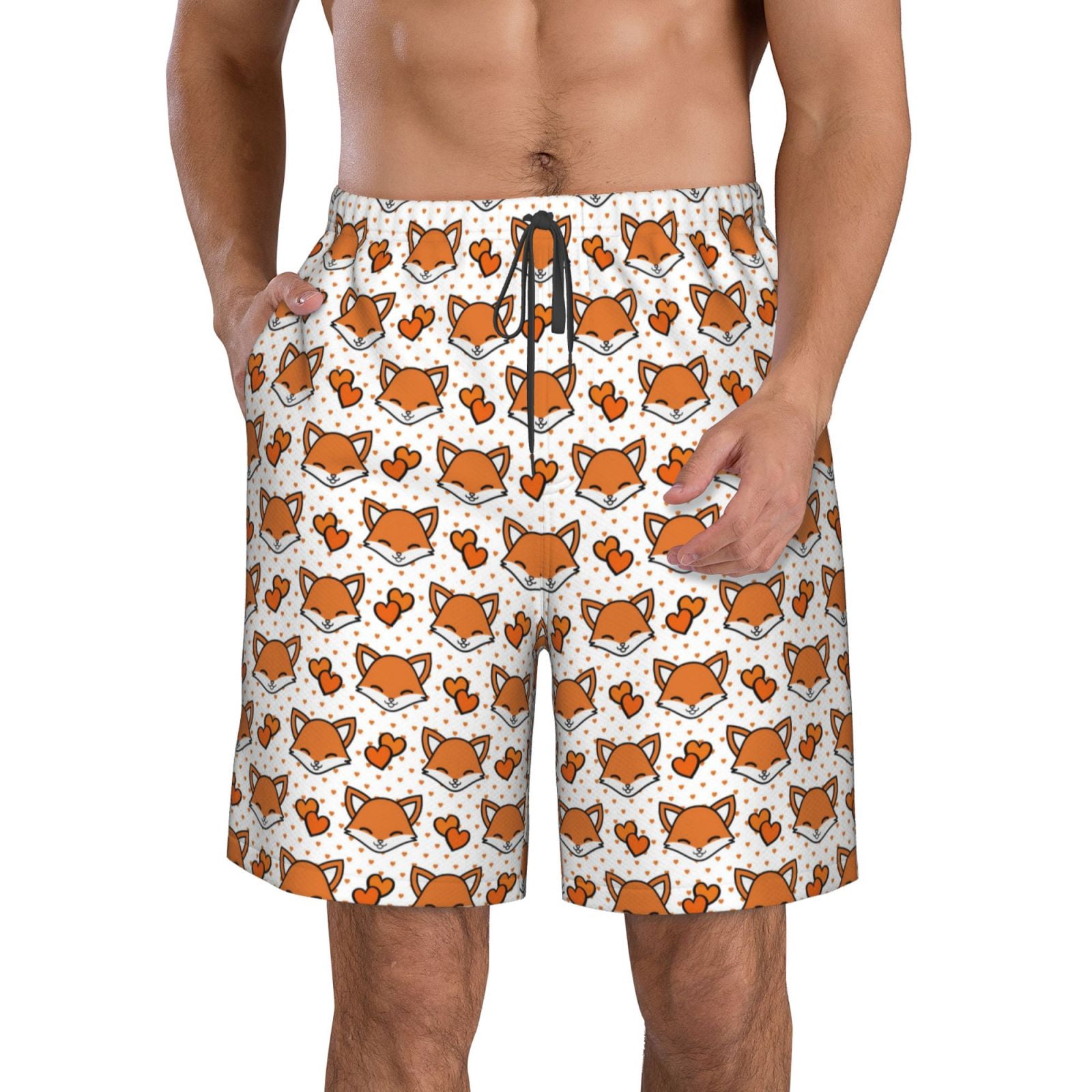 Cauagu Cute Heart Fox Cartoon Print Men's Swim Trunks,Hawaiian Bathing ...