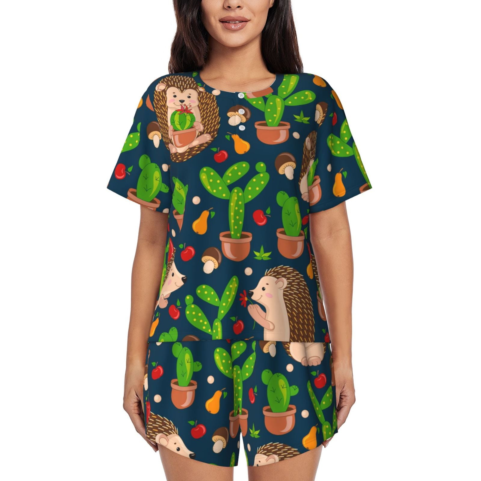 Cauagu Cute Hedgehogs Cactus Blue for Women's Round Neck Pajama Set ...