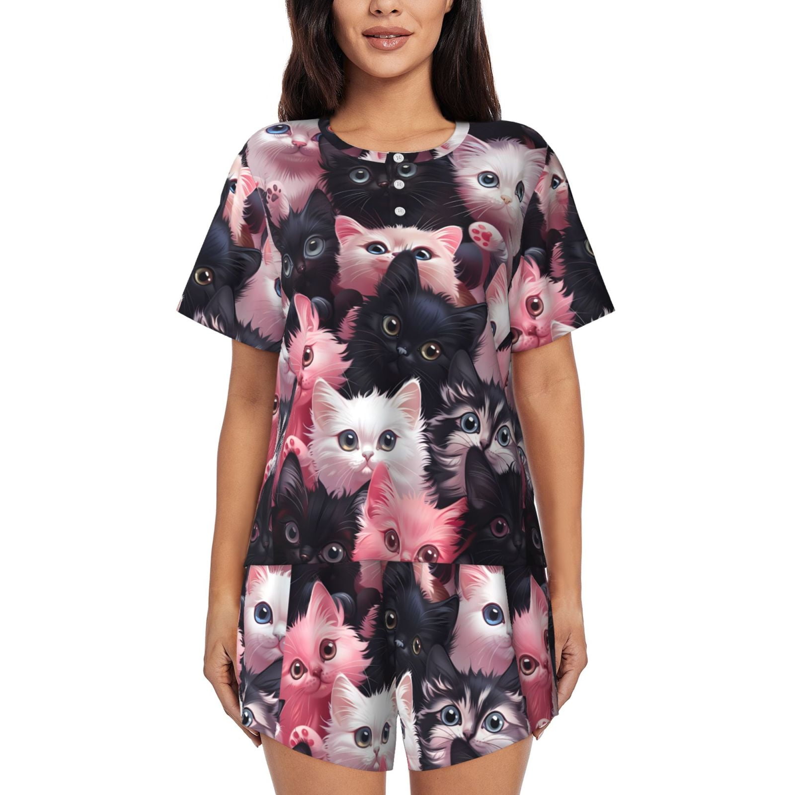 Cauagu Cute Kittens Group Portrait for Women's Round Neck Pajama Set ...