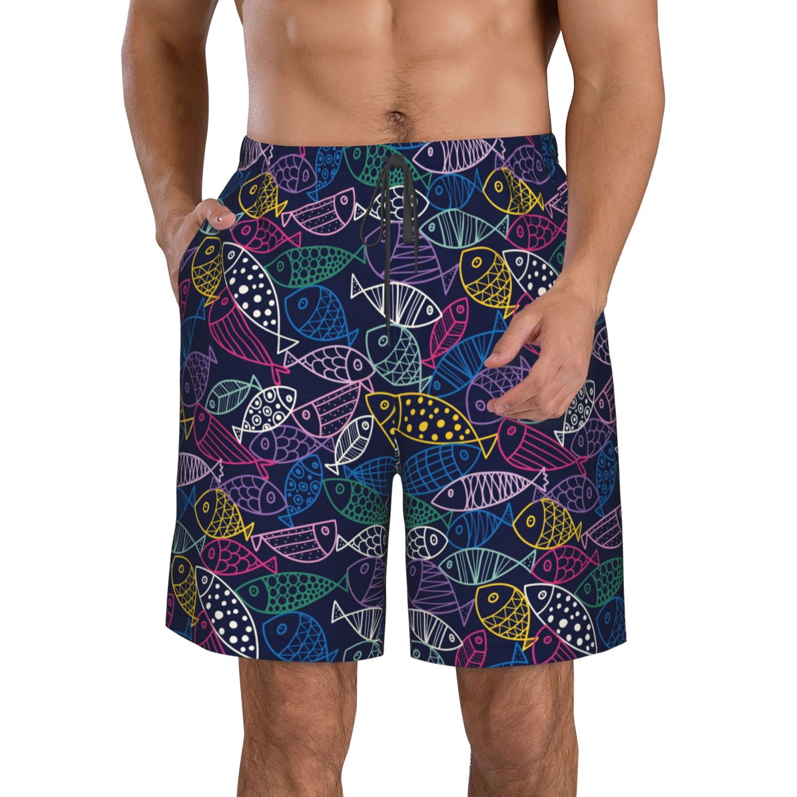 Cauagu Cute Line Fish Print Men's Swim Trunks,Hawaiian Bathing Suit ...