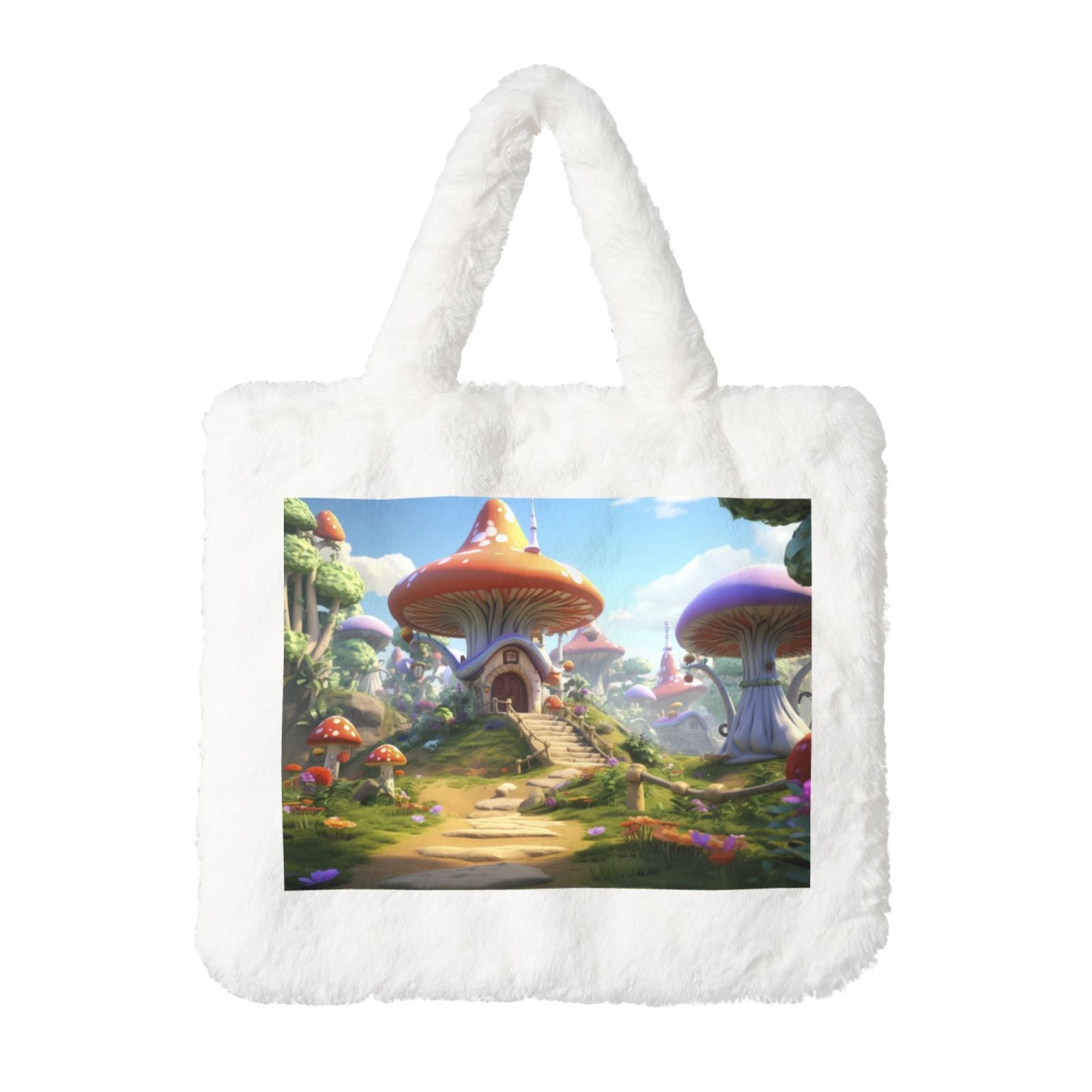 Cauagu Cute Mushroom Town Pattern Women's Plush Tote Bag,Soft Underarm ...