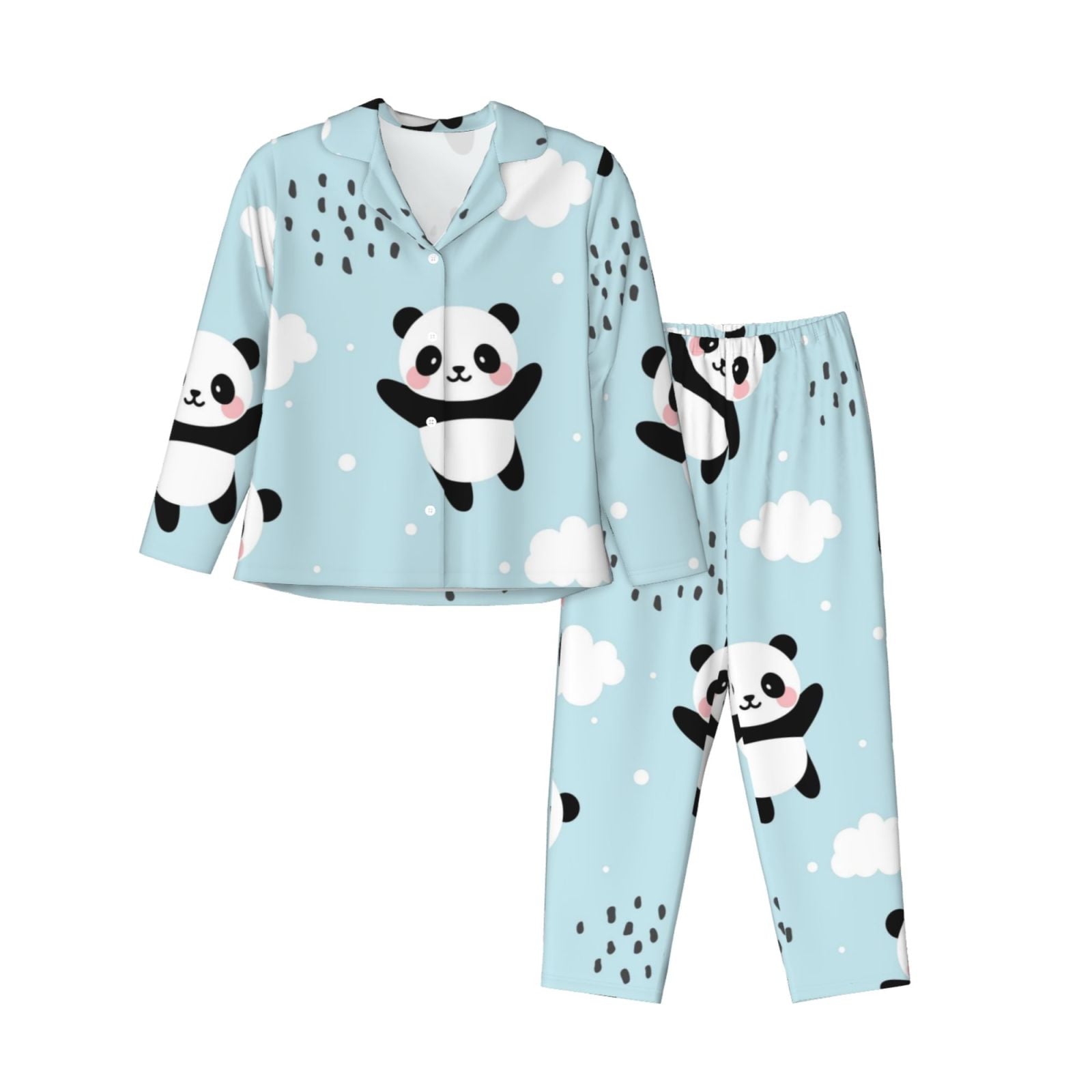 Cauagu Cute Panda Bear Print Women's Long-Sleeve Pajamas Set Soft Pj ...