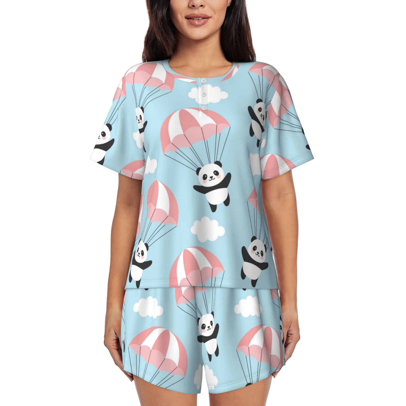 Cauagu Cute Panda Flying in the Sky for Women's Round Neck Pajama Set ...