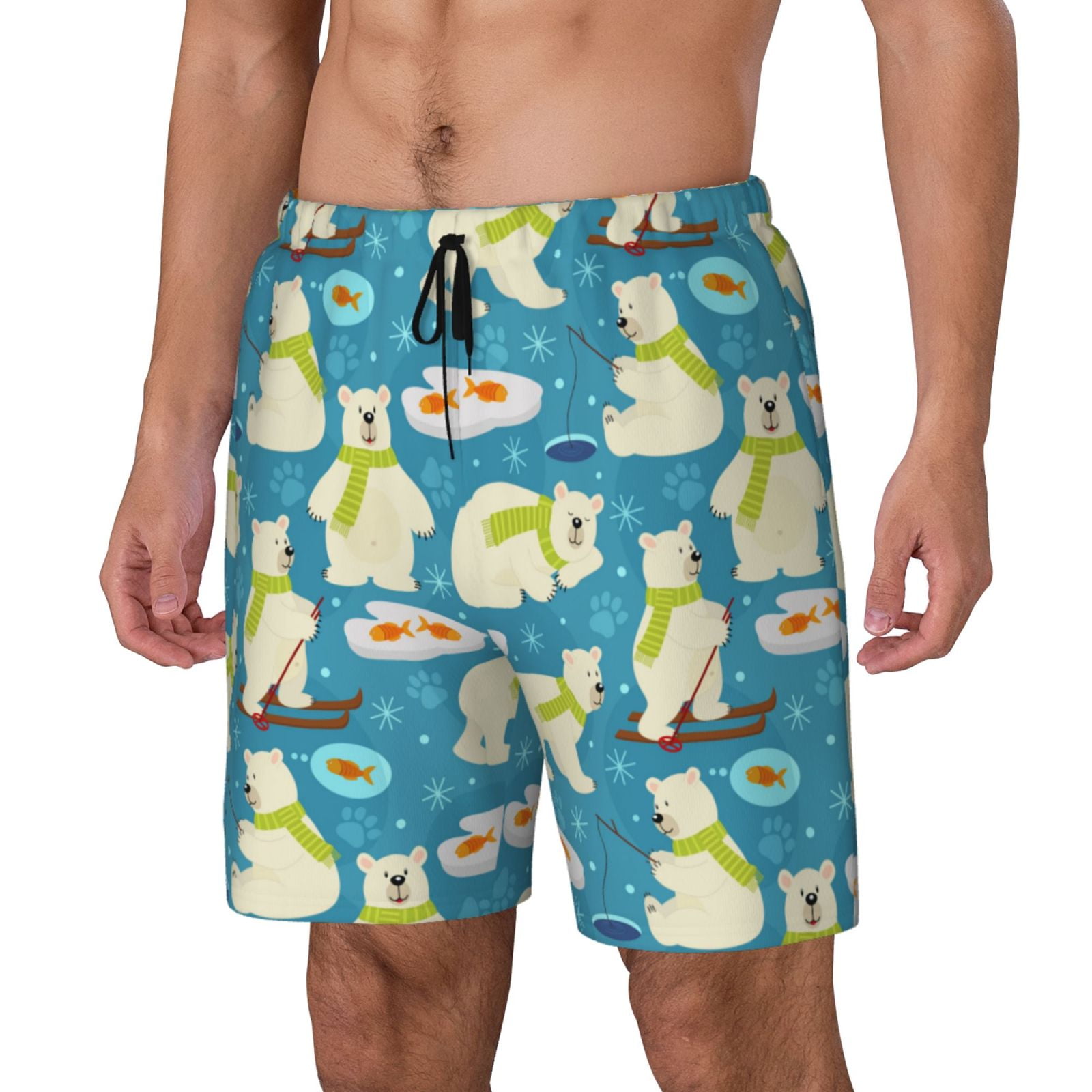 Cauagu Cute Polar Bear Fishing Print Mens Swim Trunks Quick Dry Board ...