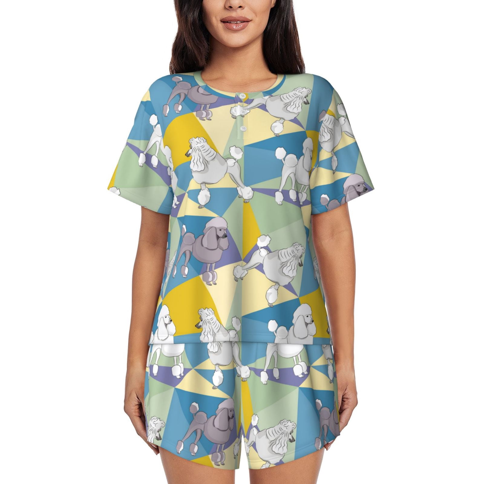 Cauagu Cute Poodle Dog for Women's Round Neck Pajama Set,Short-Sleeved ...