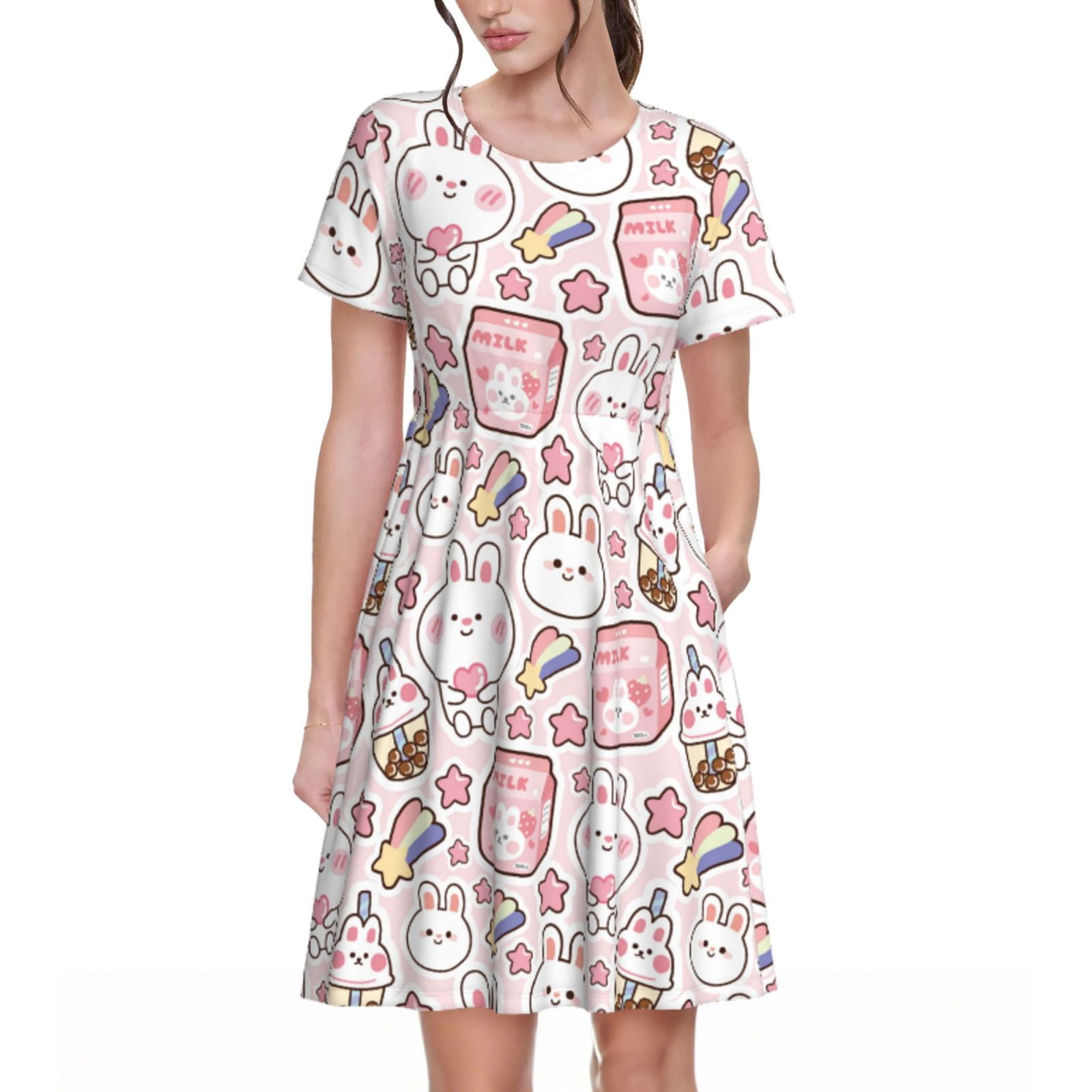 Cauagu Cute Rabbit Print Summer Dresses for Women 2025 Loose Short ...