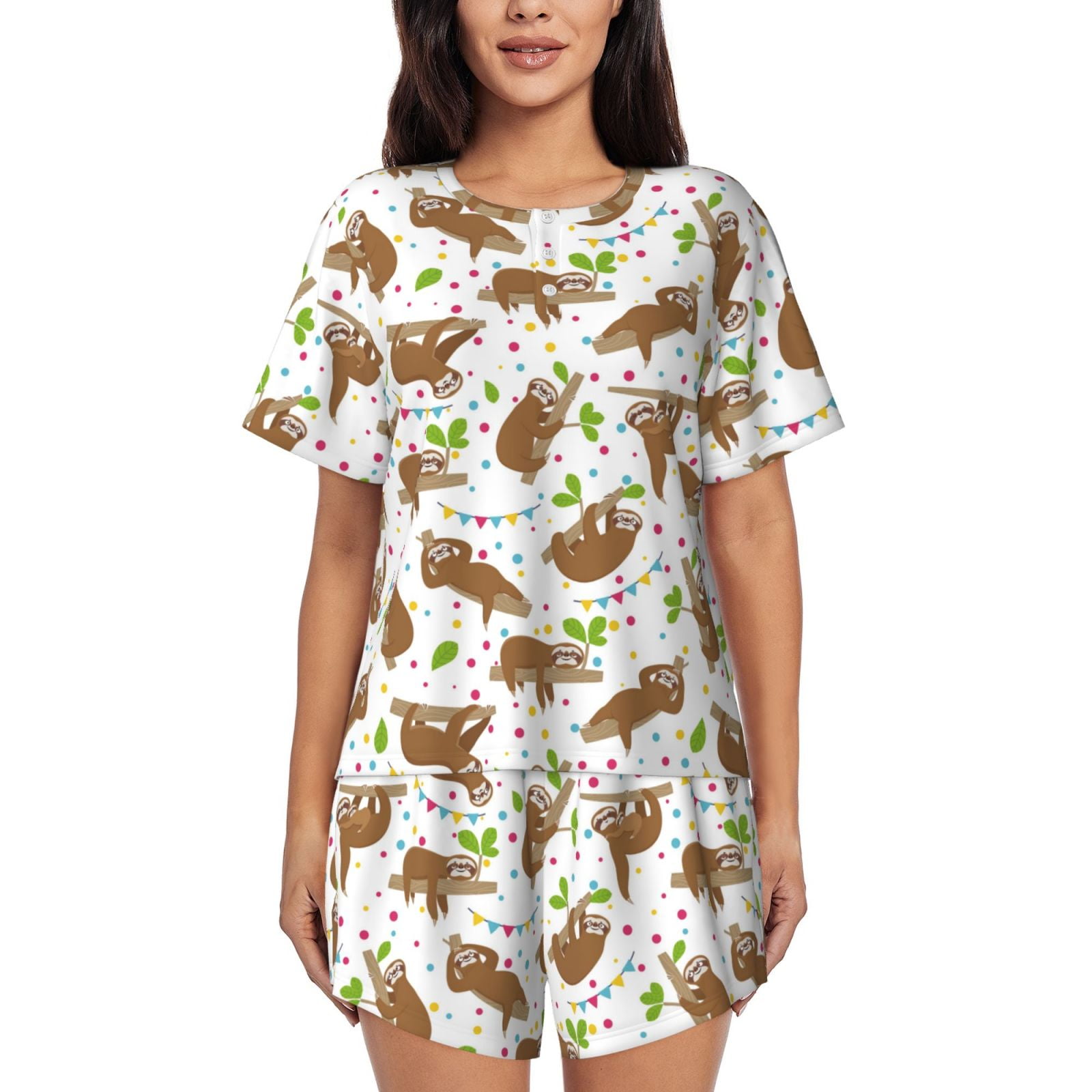 Cauagu Cute Sloth for Women's Round Neck Pajama Set,Short-Sleeved Pajamas Soft Sleepwear Set ...