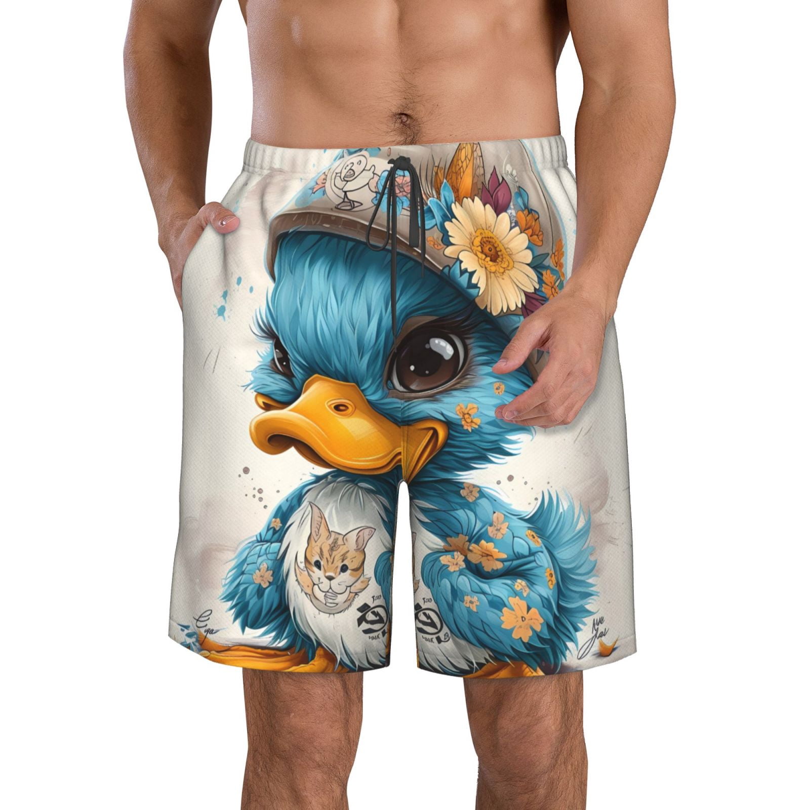 Cauagu Cute Sunflower Blue Duck Print Men's Swim Trunks,Hawaiian ...