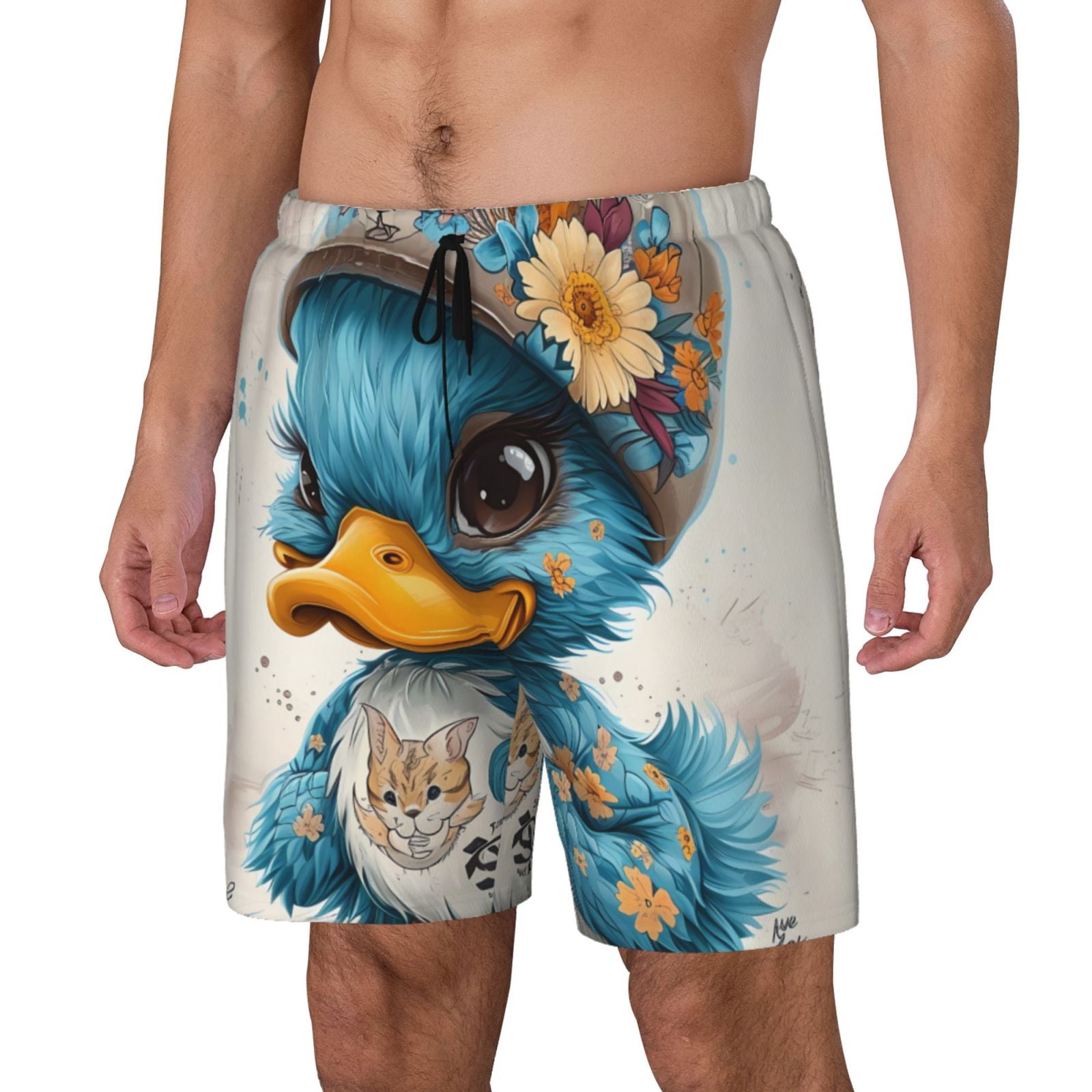 Cauagu Cute Sunflower Blue Duck Print Mens Swim Trunks Quick Dry Board ...
