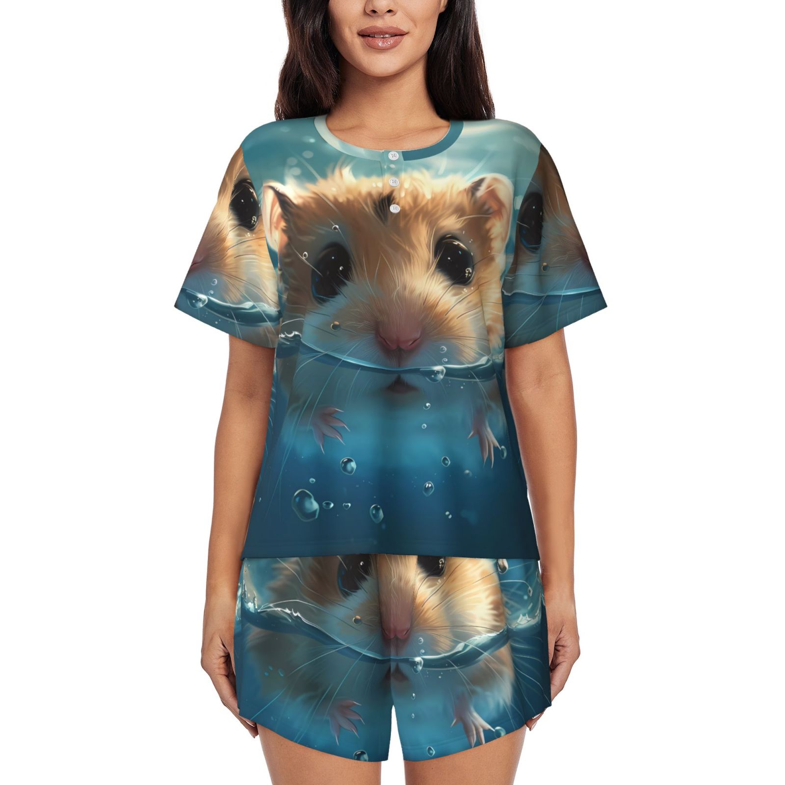 Cauagu Cute Swimming Guinea Pig for Women's Round Neck Pajama Set,Short ...