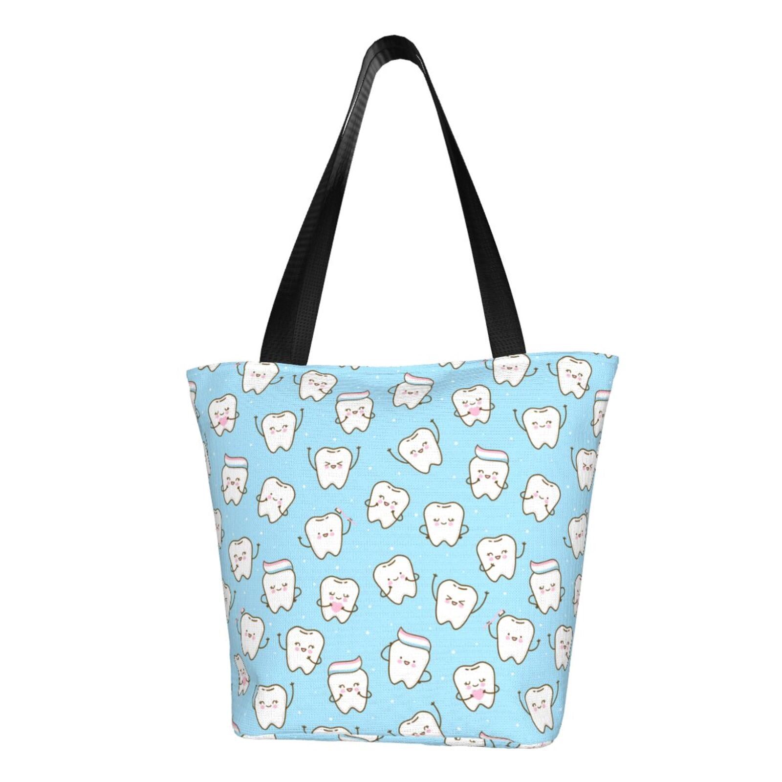 Cauagu Cute Teeth Print Canvas Aesthetic Tote Bag for Women Beach Bag ...