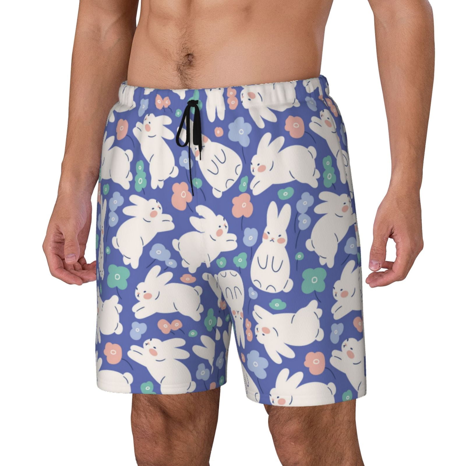 Cauagu Cute White Rabbit Print Mens Swim Trunks Quick Dry Board Shorts ...