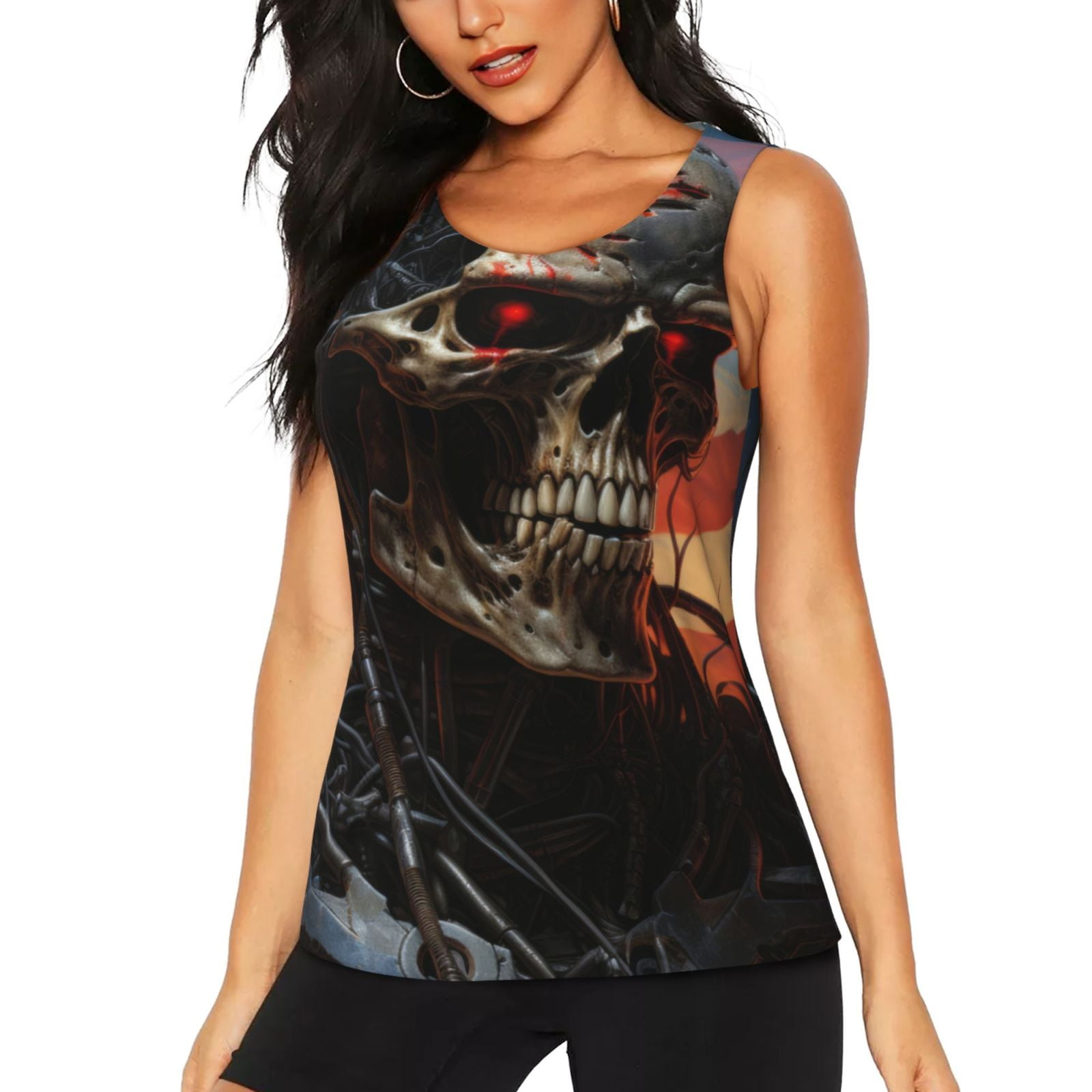Cauagu Cyberpunk Skull American Flag for Women's Workout Tank Tops ...