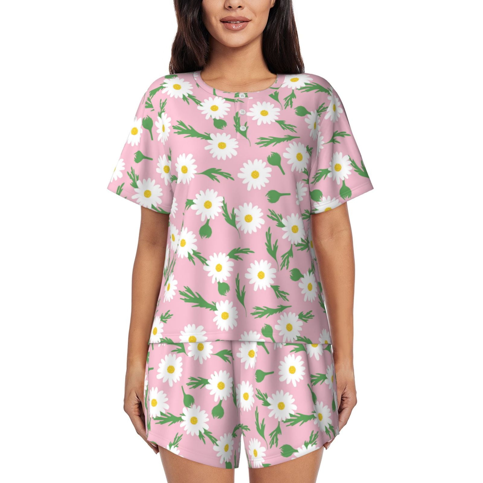 Cauagu Daisies Flowers for Women's Round Neck Pajama Set,Short-Sleeved ...