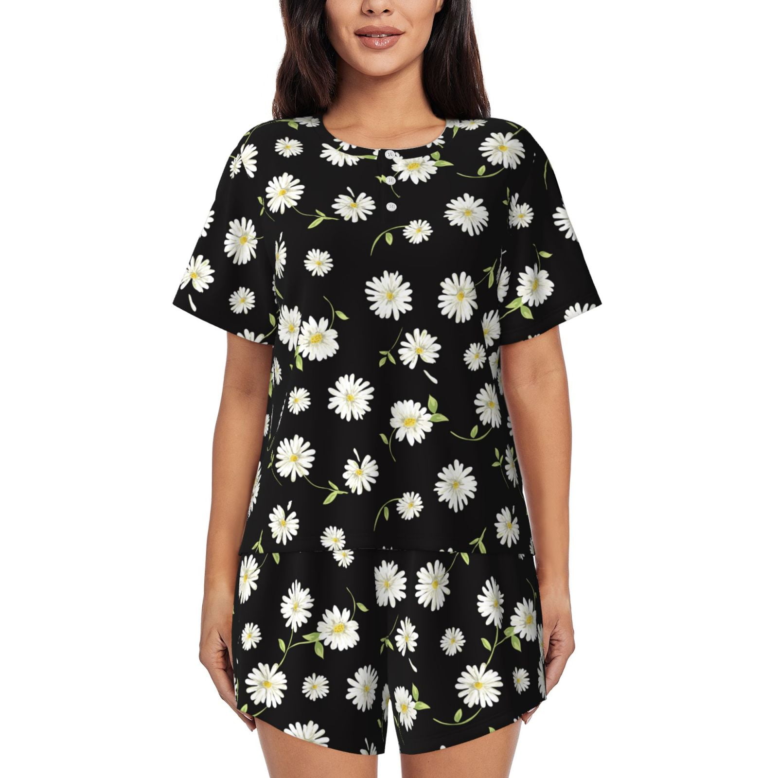 Cauagu Daisies Flowers for Women's Round Neck Pajama Set,Short-Sleeved ...