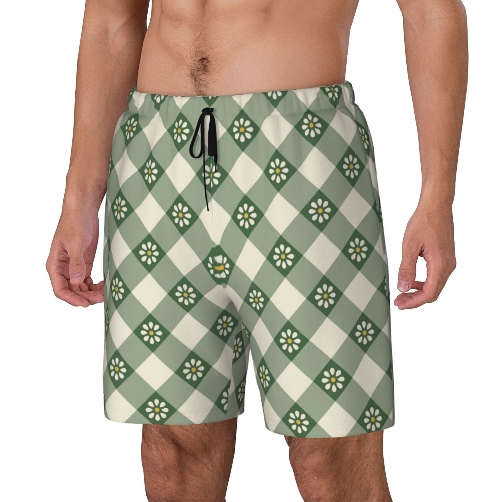 Cauagu Daisy Plaid Green Print Mens Swim Trunks Quick Dry Board Shorts ...
