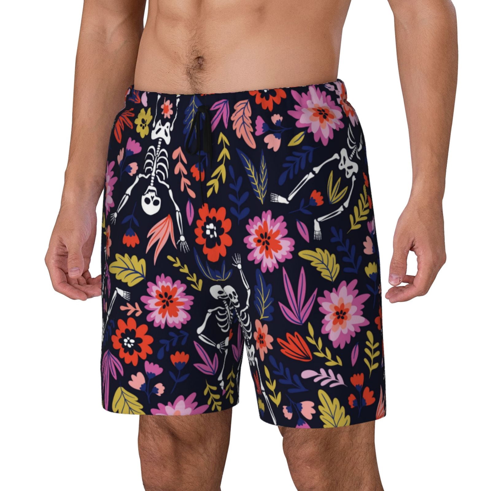 Cauagu Dancing Skeletons Floral Garden Print Mens Swim Trunks Quick Dry ...