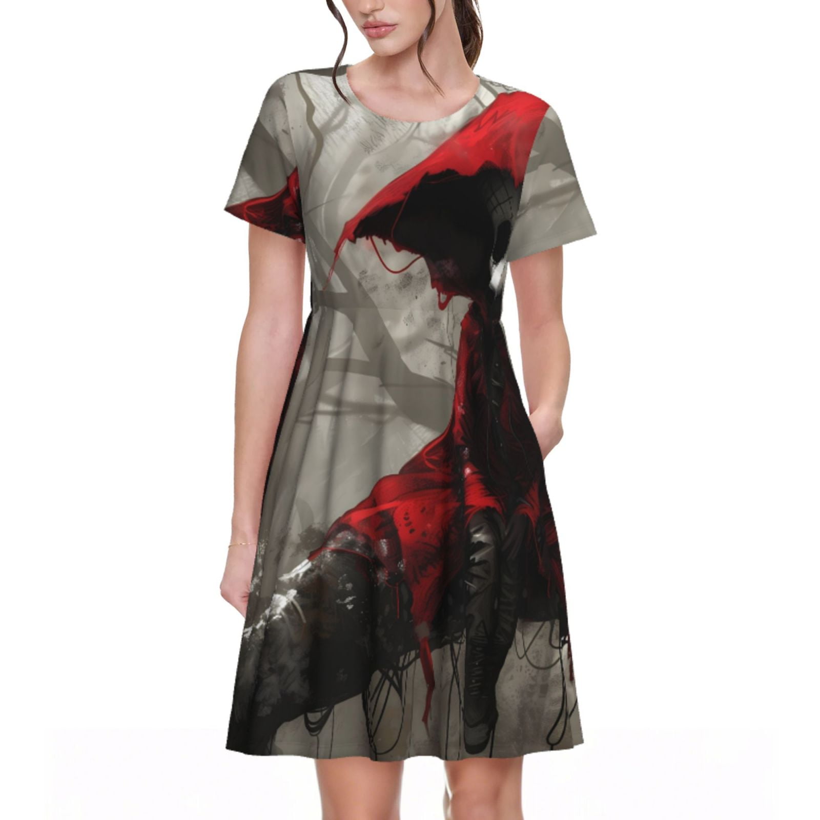 Cauagu Dark Red Hooded Girl Print Summer Dresses for Women 2025 Loose ...