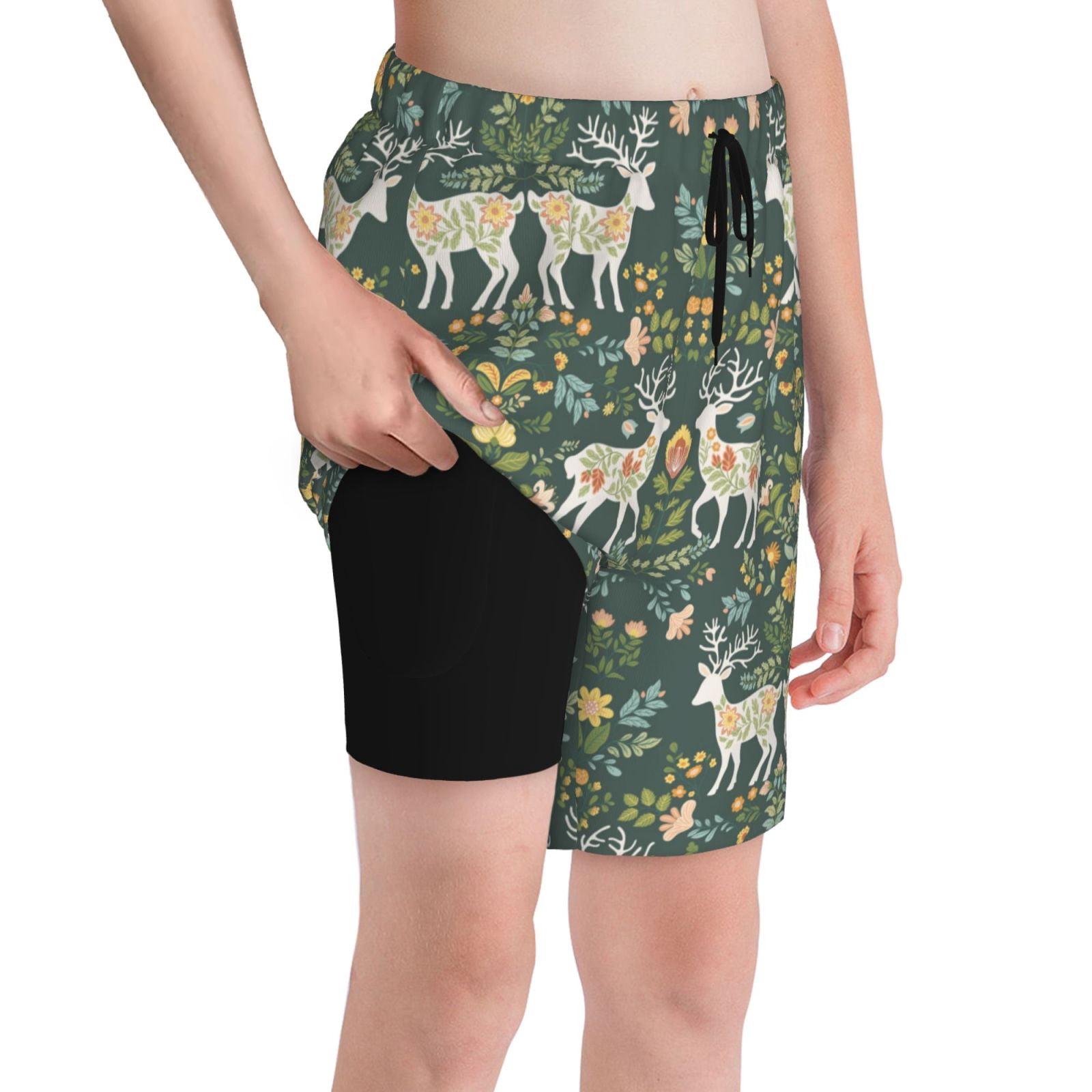 Cauagu Deer And Flowers Print Swim Trunks for Men,Youth Boys Swim ...