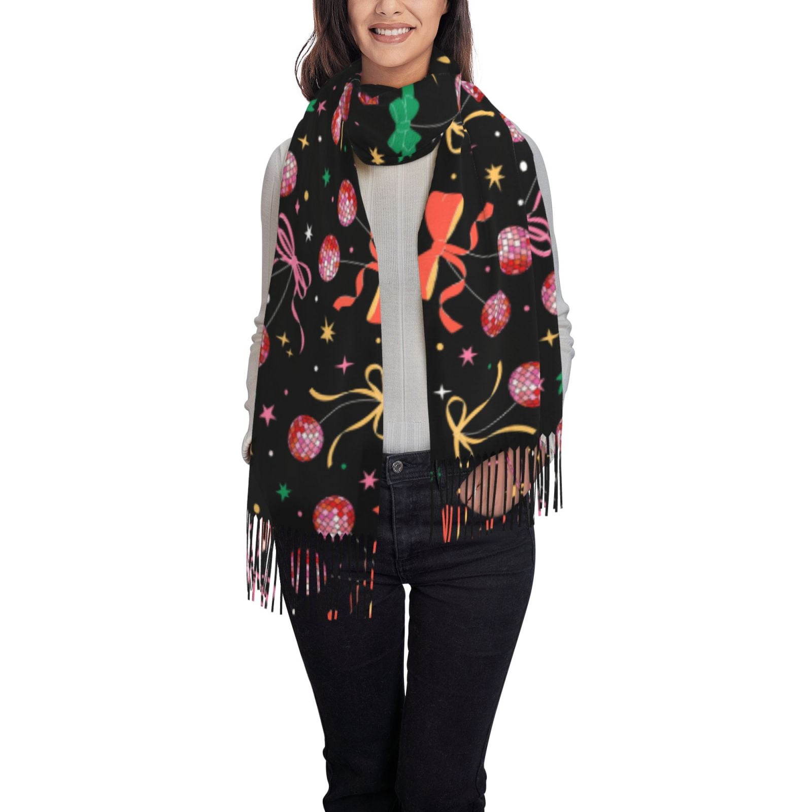 Cauagu Disco Mirror Ball Print Women Wrap Shawl tassels Scarves Retro ...