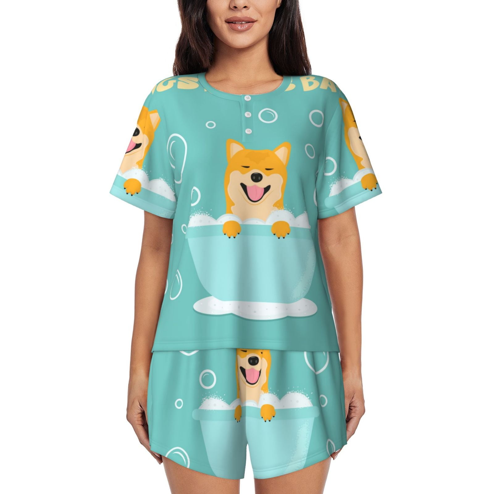 Cauagu Dogs Loves Bath for Women's Round Neck Pajama Set,Short-Sleeved ...
