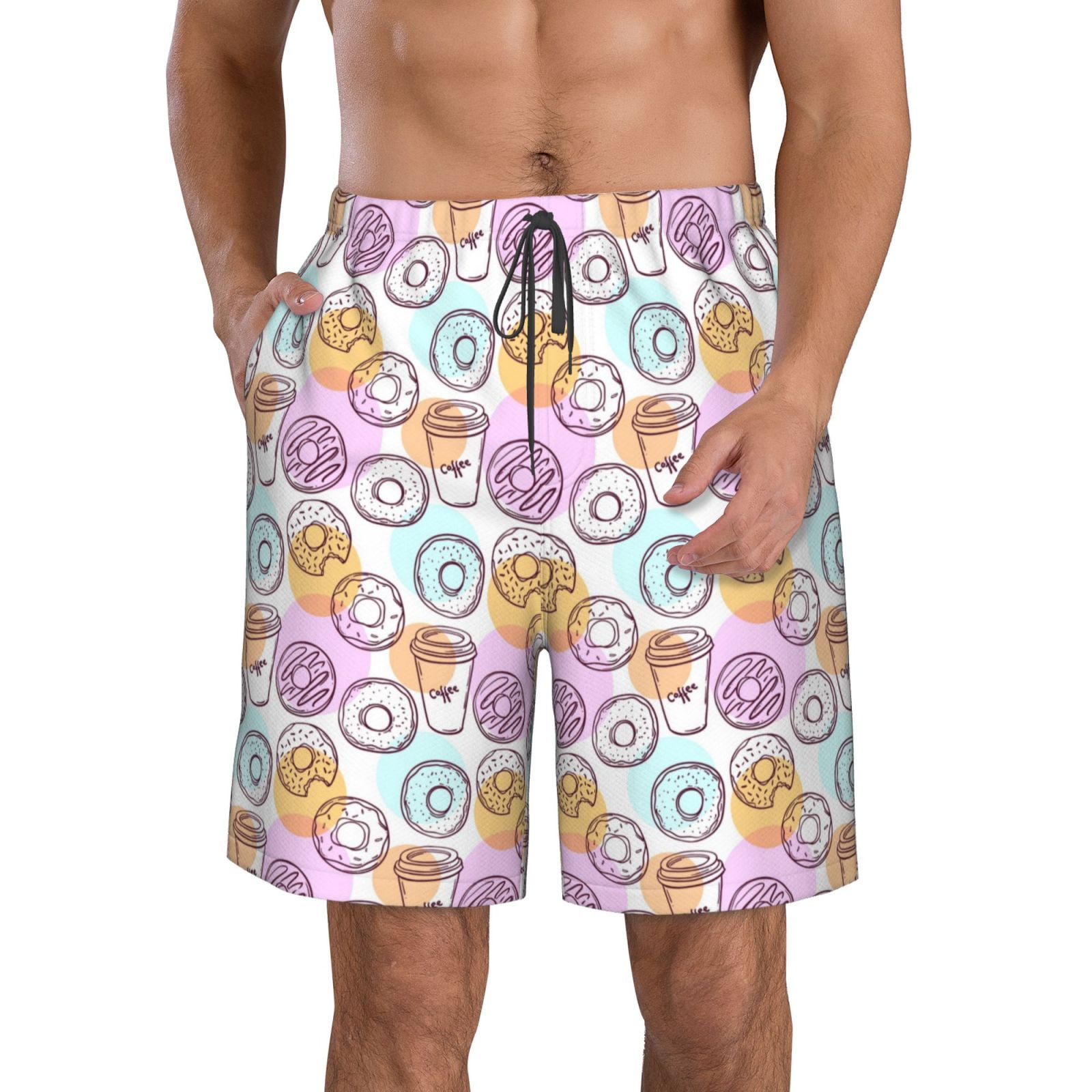 Cauagu Donuts and Coffee Print Men's Swim Trunks,Hawaiian Bathing Suit ...