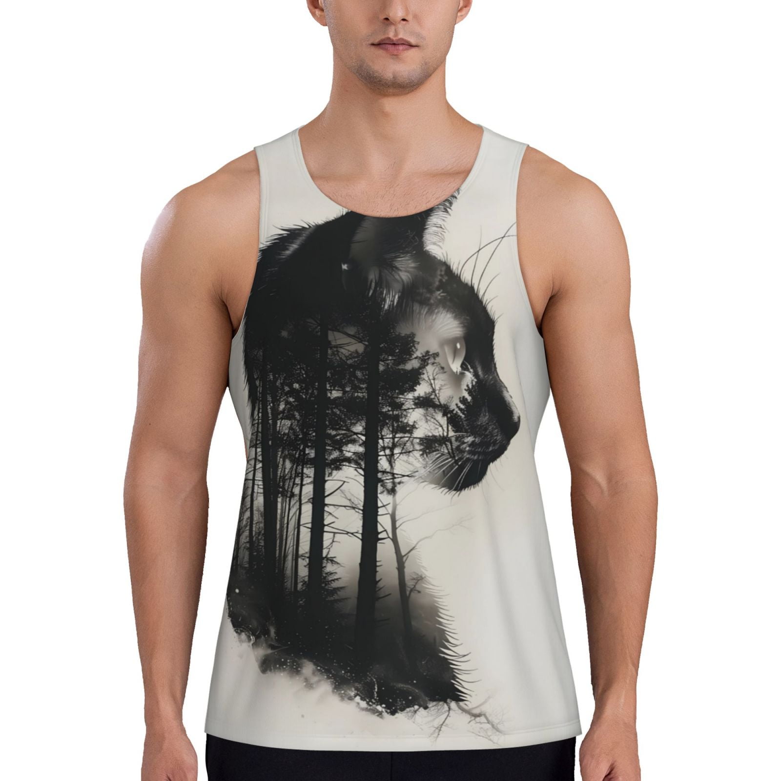 Cauagu Double Exposure Cat Forest Print Men's Sleeveless Muscle Shirts ...