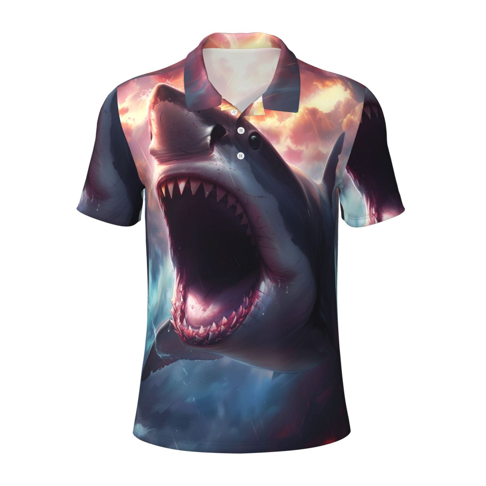 Cauagu Dramatic Shark Attack Print Men's Polo Shirts, Short-Sleeve Polo ...