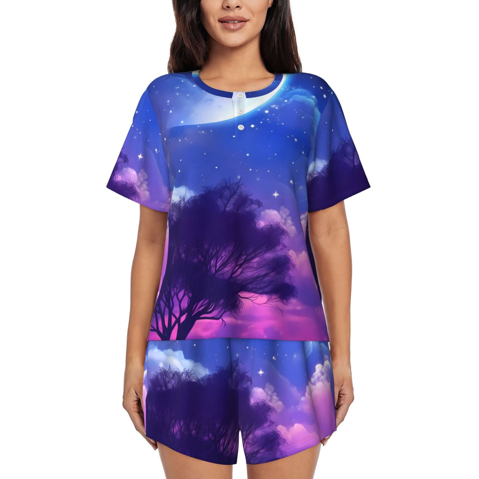 Cauagu Dreamy Colorful Starry Sky for Women's Round Neck Pajama Set ...
