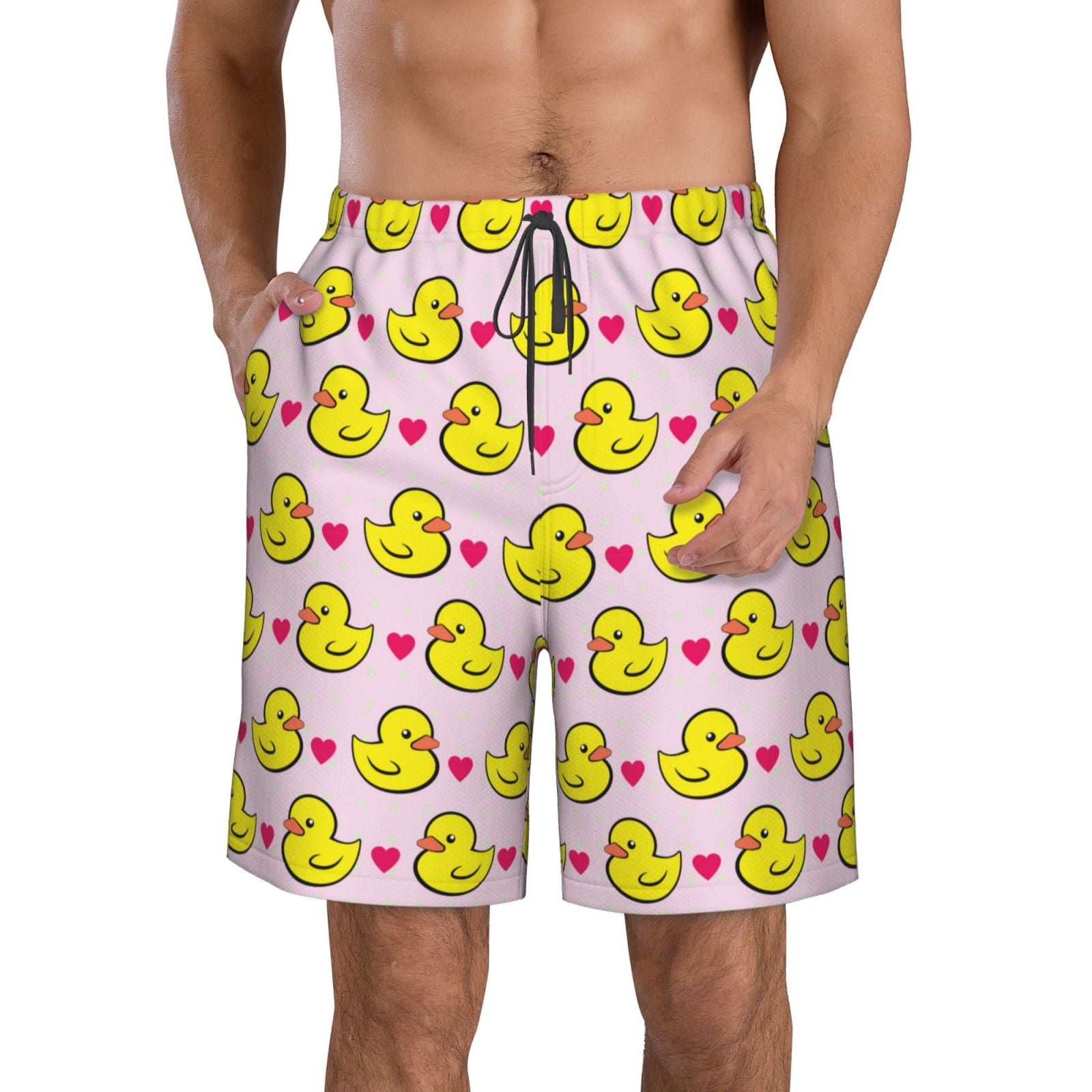 Cauagu Ducks And Pink Heart Print Men's Swim Trunks,Hawaiian Bathing ...