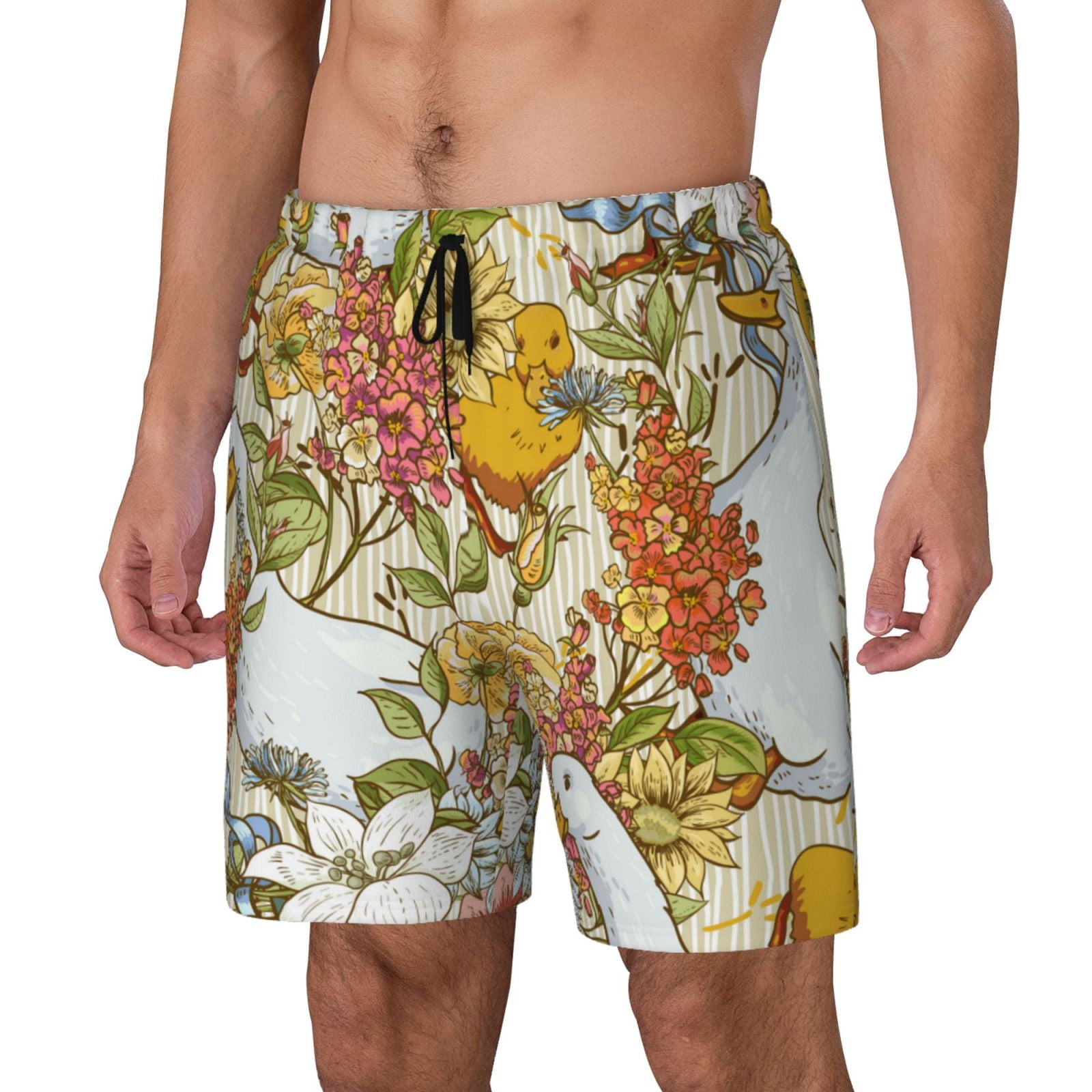 Cauagu Ducks and Flowers Print Mens Swim Trunks Quick Dry Board Shorts ...