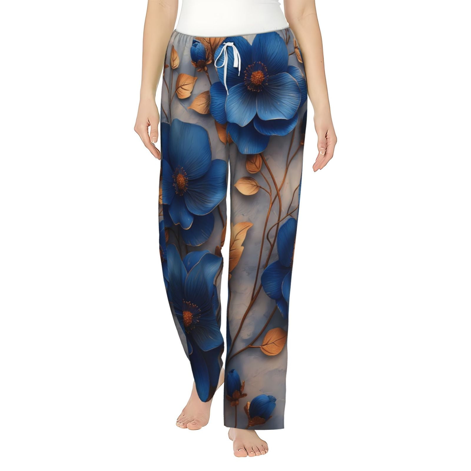 Cauagu Elegant Blue Gold Blooms Pajama Pants for Women Loose Fit Wide Leg Trouser Pants Casual ...