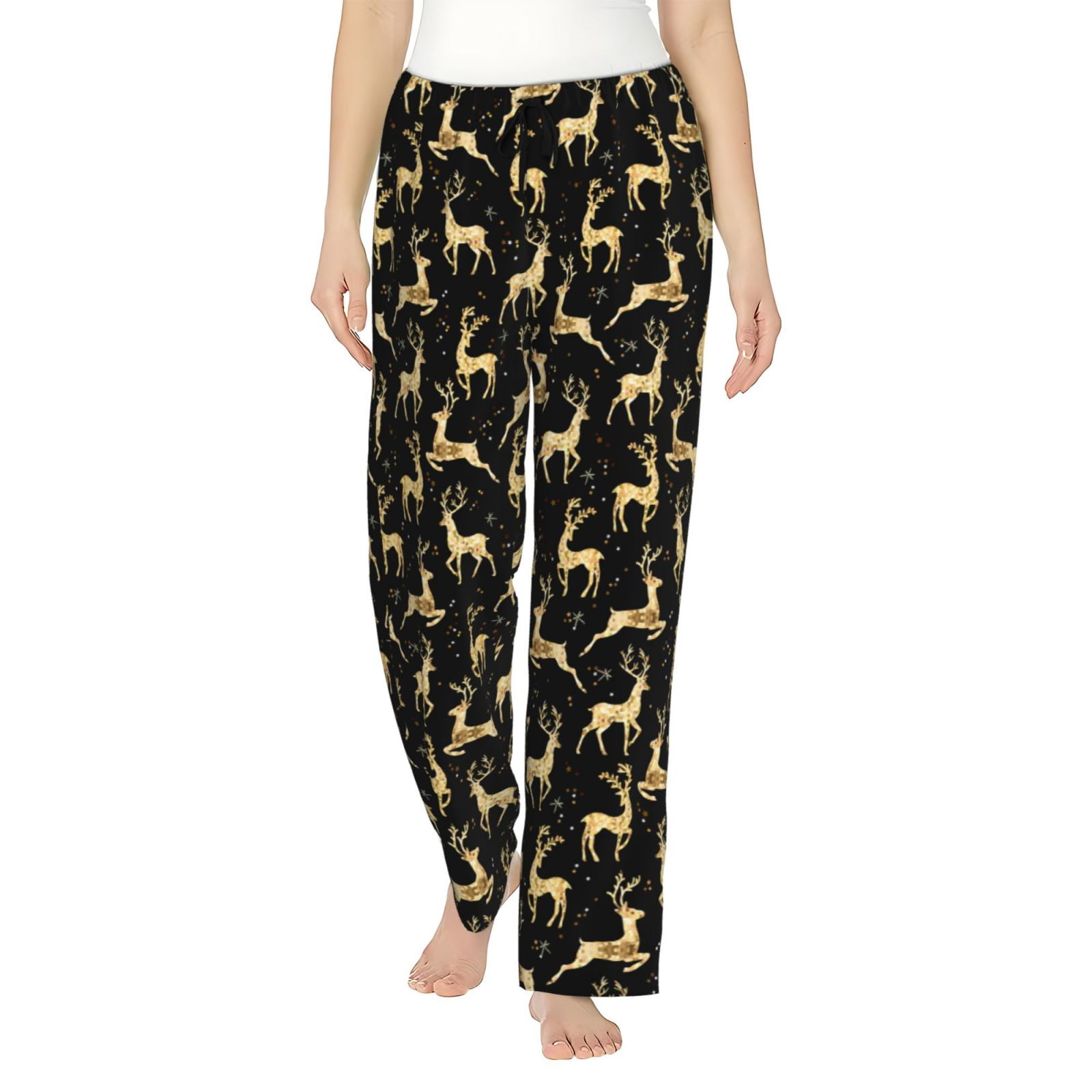 Cauagu Elegant Gold Moose Pajama Pants for Women Loose Fit Wide Leg ...