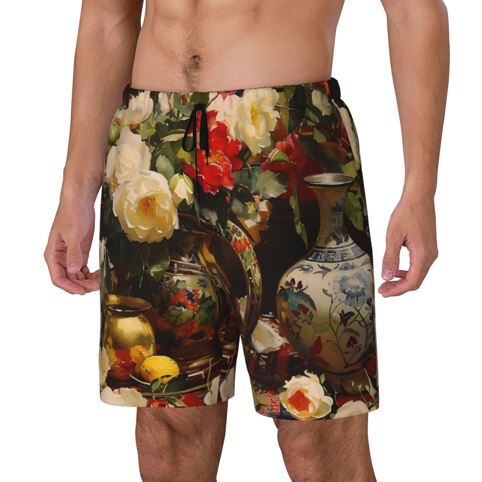 Cauagu Elegant Still Life Roses Print Mens Swim Trunks Quick Dry Board ...