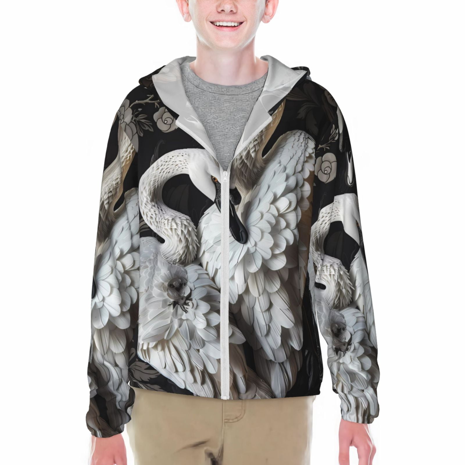 Cauagu Elegant Swans Black Background Print Sun Protection Jacket for ...
