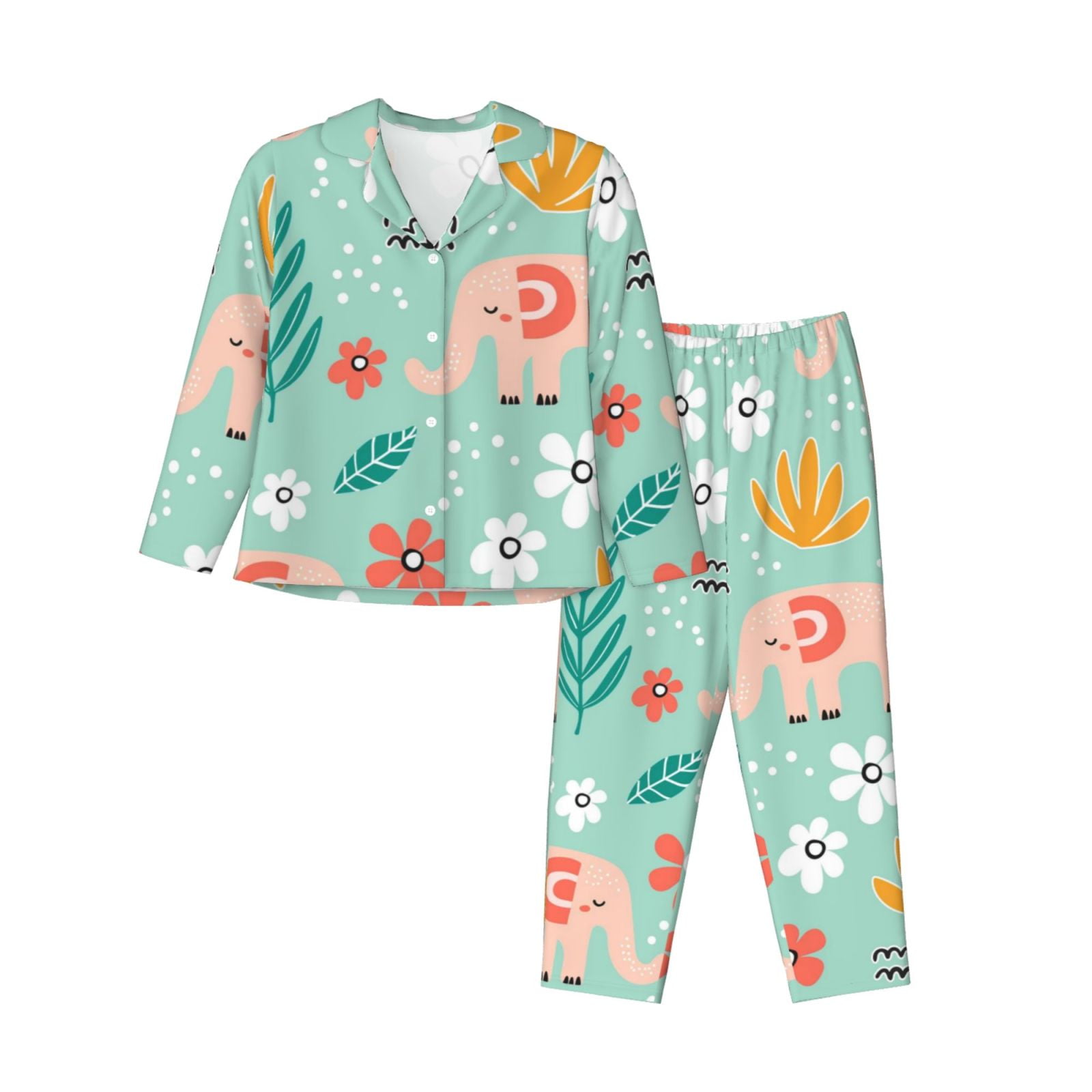 Cauagu Elephant and Flowers Print Women's Long-Sleeve Pajamas Set Soft ...