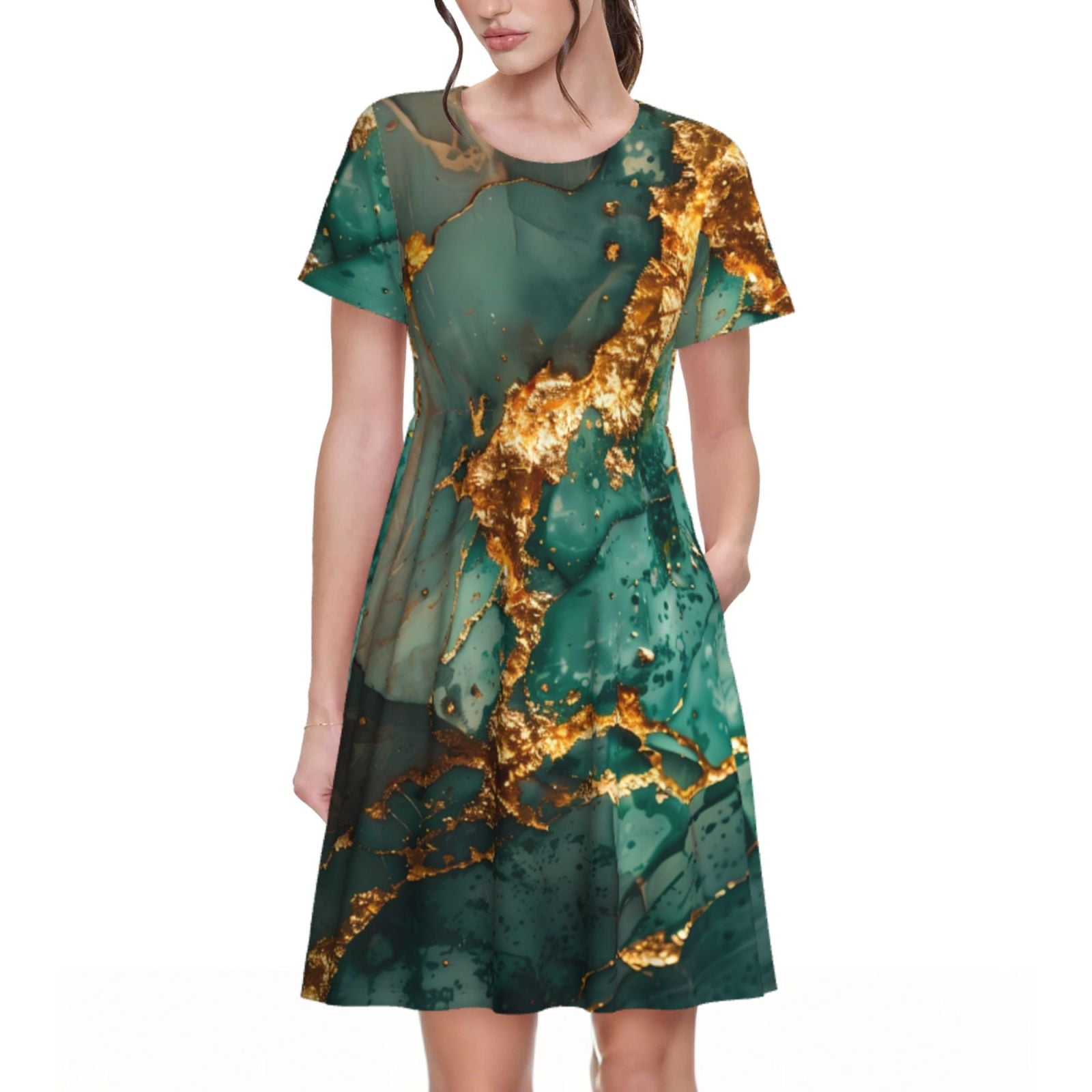 Cauagu Emerald Color Gold Marble Print Summer Dresses for Women 2025 ...