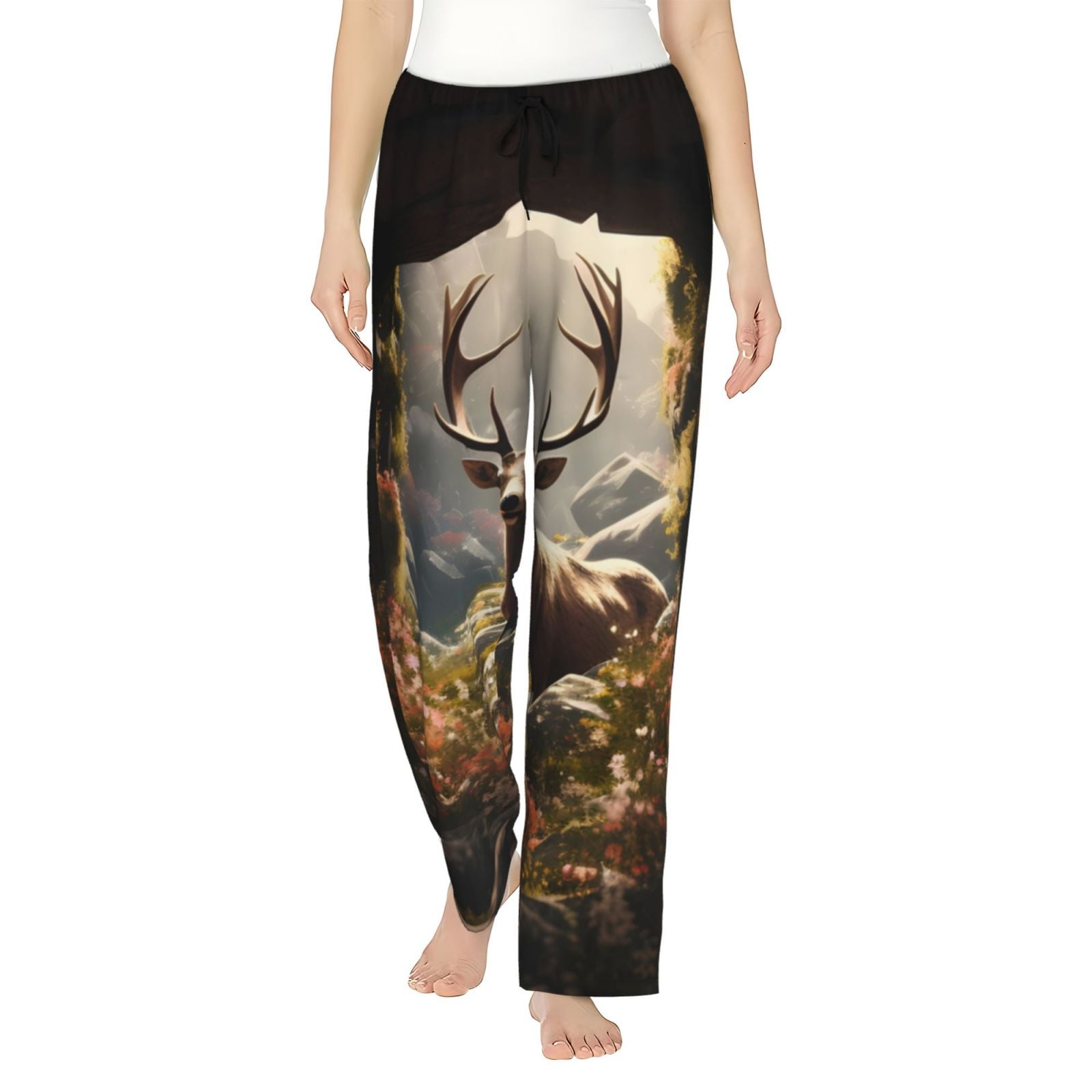 Cauagu Enchanted Deer In Cave Pajama Pants for Women Loose Fit Wide Leg ...