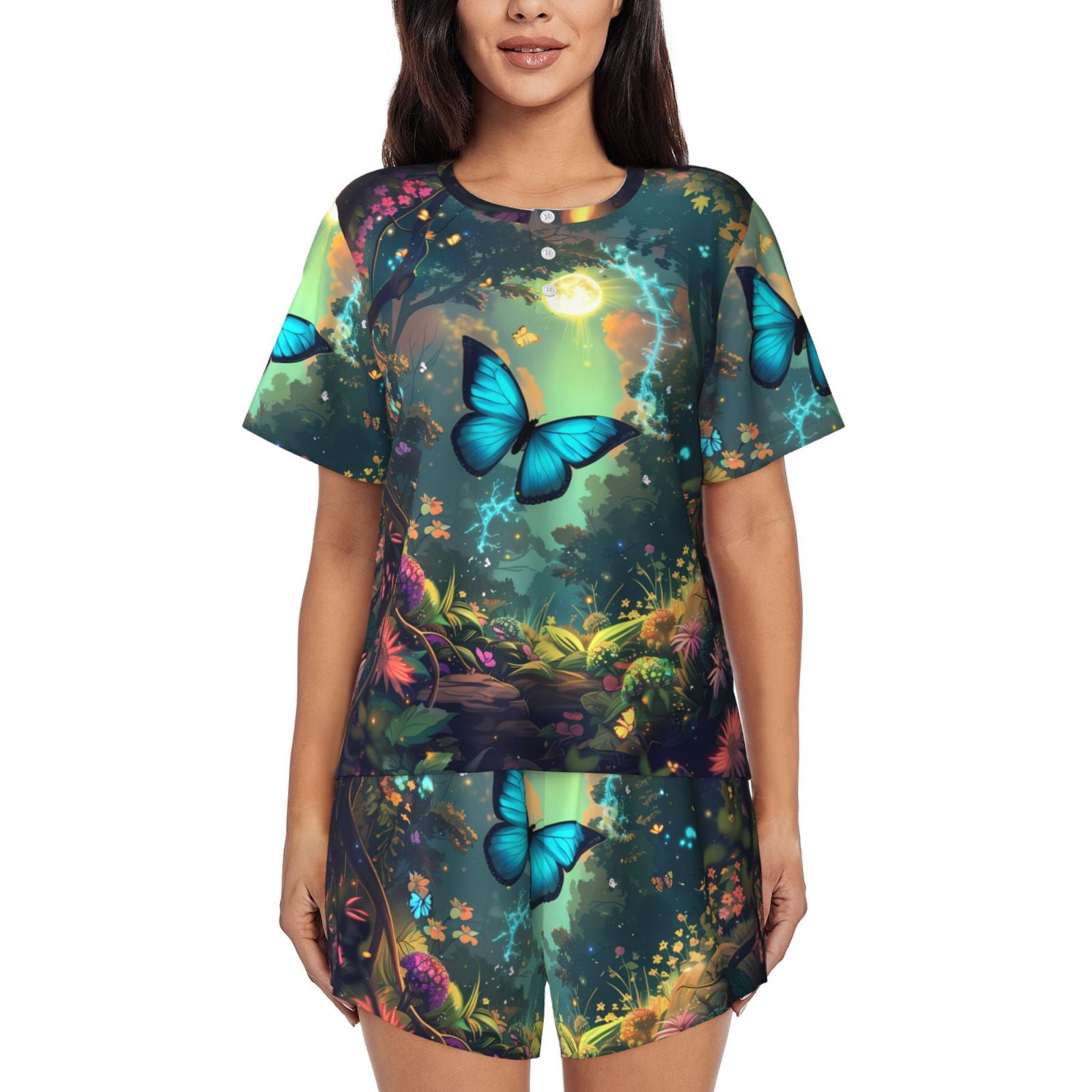 Cauagu Enchanted Forest Butterfly A for Women's Round Neck Pajama Set ...
