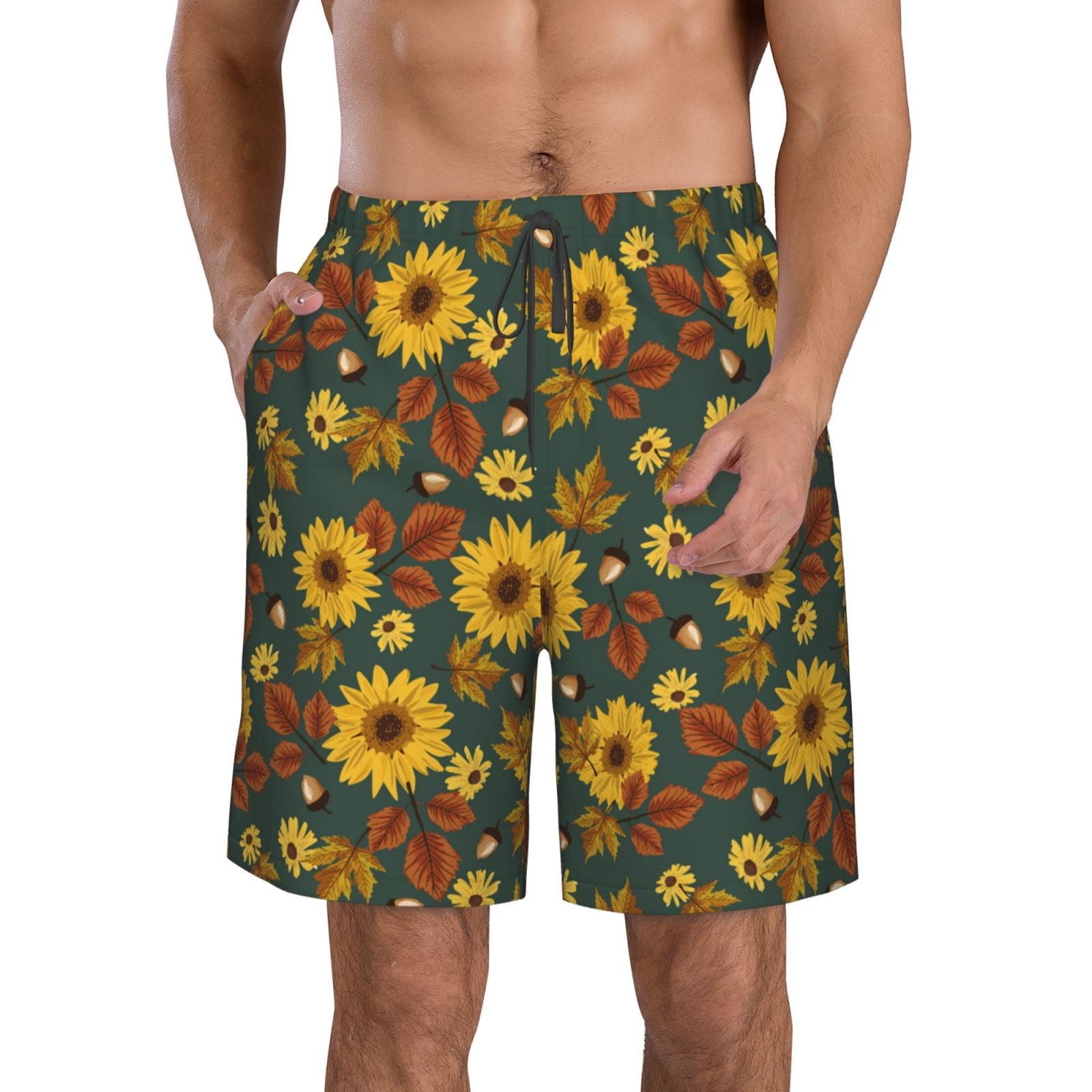 Cauagu Fall Daisy Leaf Nuts Print Men's Swim Trunks,Hawaiian Bathing ...