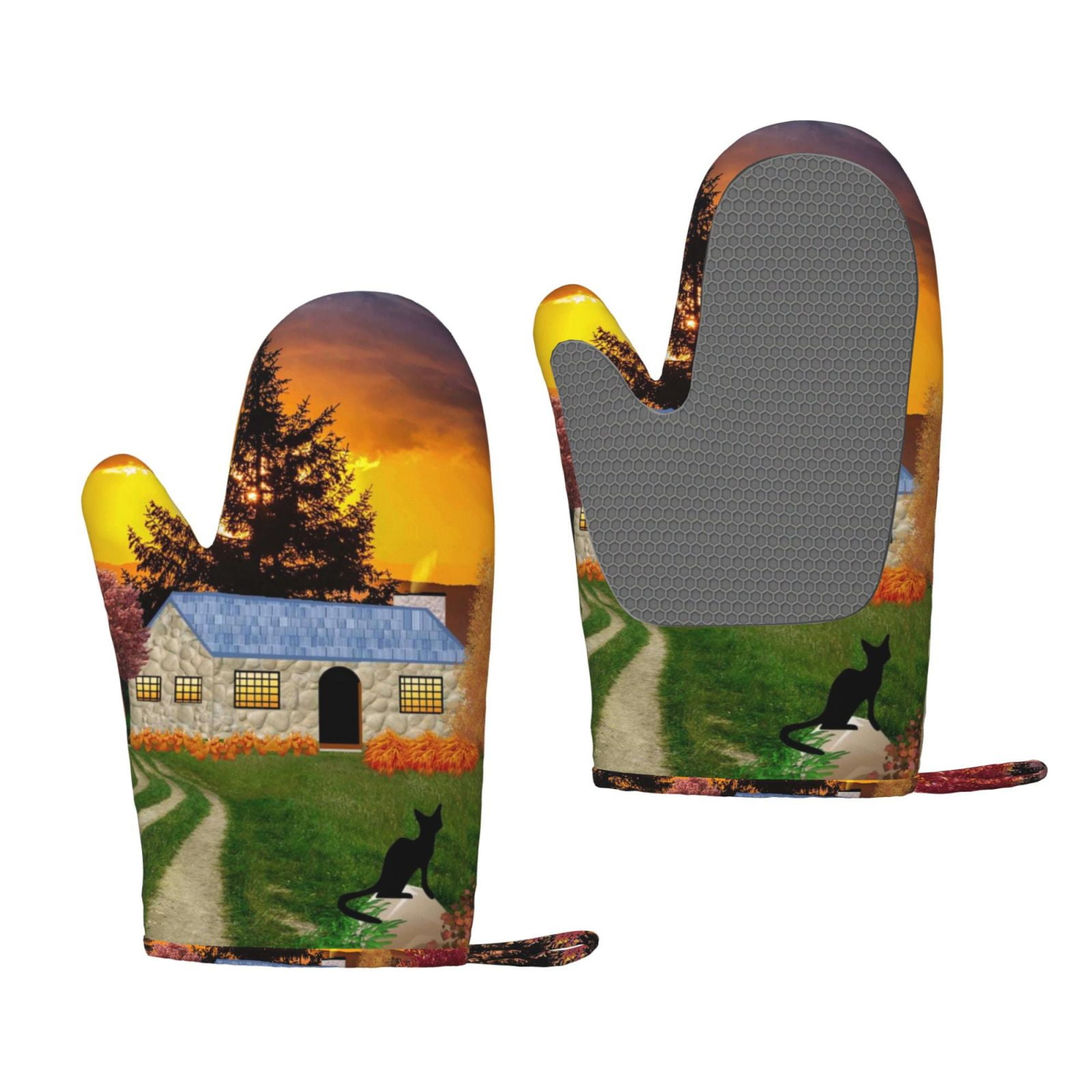 Cauagu Fall Village Scenery Print Oven Mitts 2 Piece Set,BBQ Gloves ...