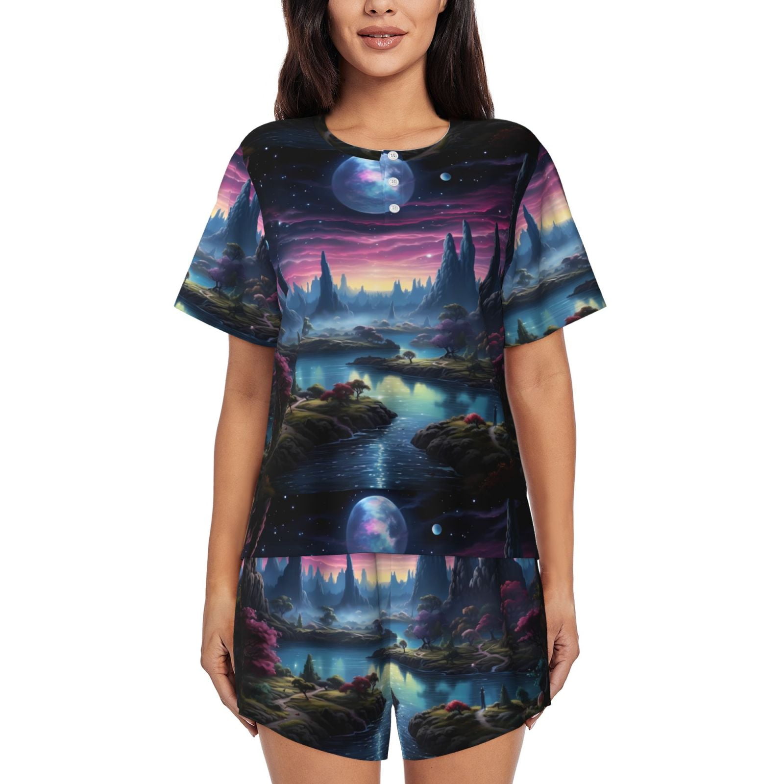 Cauagu Fantasy Landscape Starry Night for Women's Round Neck Pajama Set ...