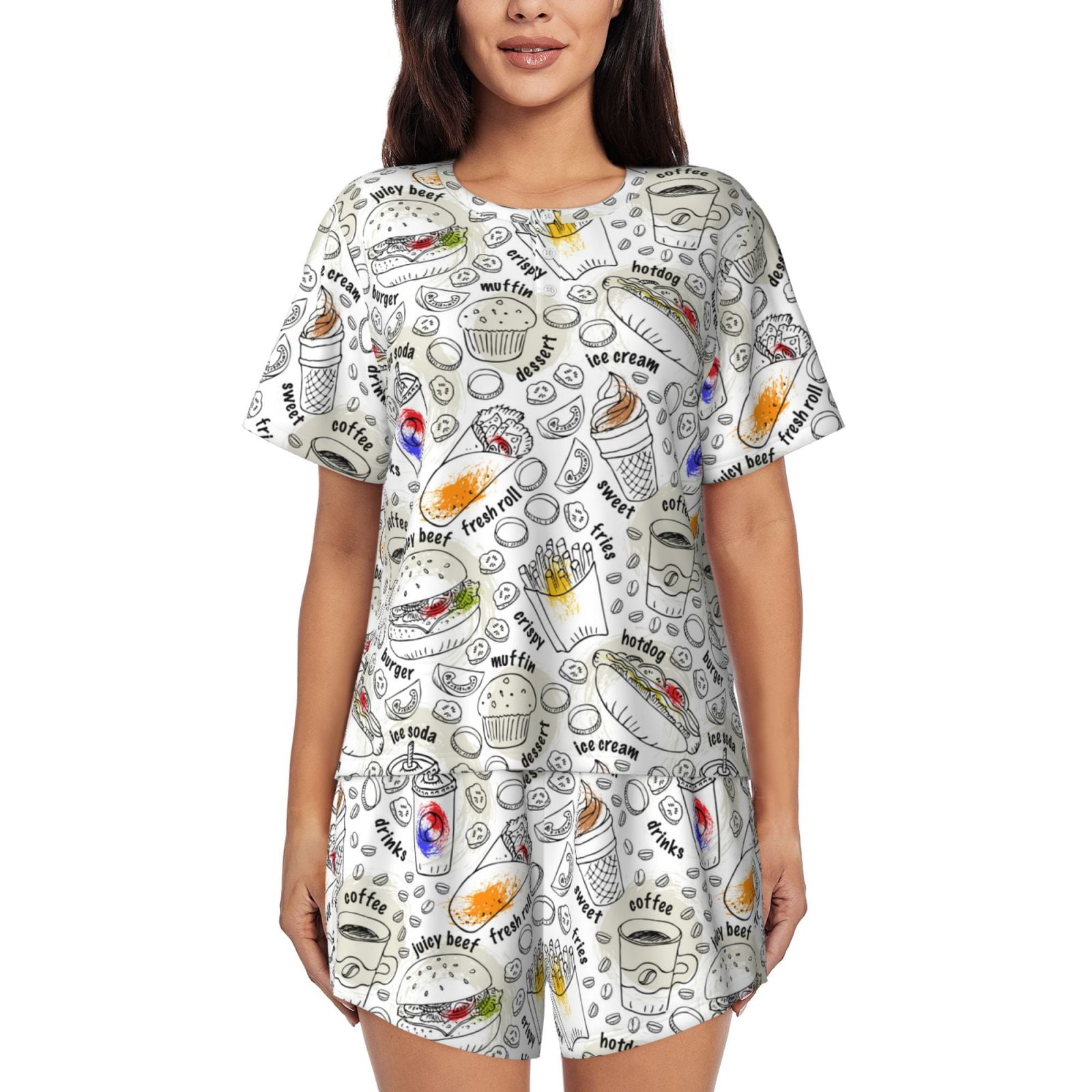 Cauagu Fastfood 2 for Women's Round Neck Pajama Set,Short-Sleeved ...