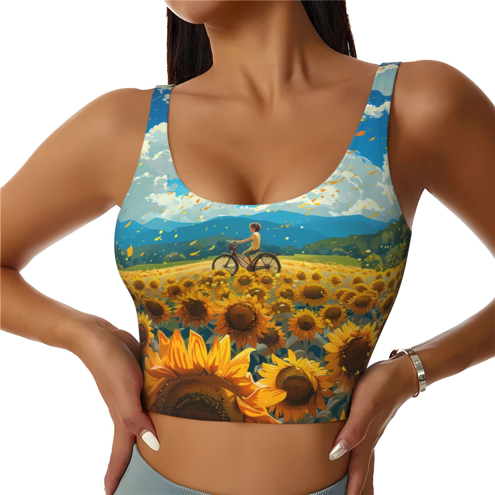 Cauagu Field Bicycle Young Sunflower Pattern Sports Bras for Women,Round Neck Sports Bra Workout ...